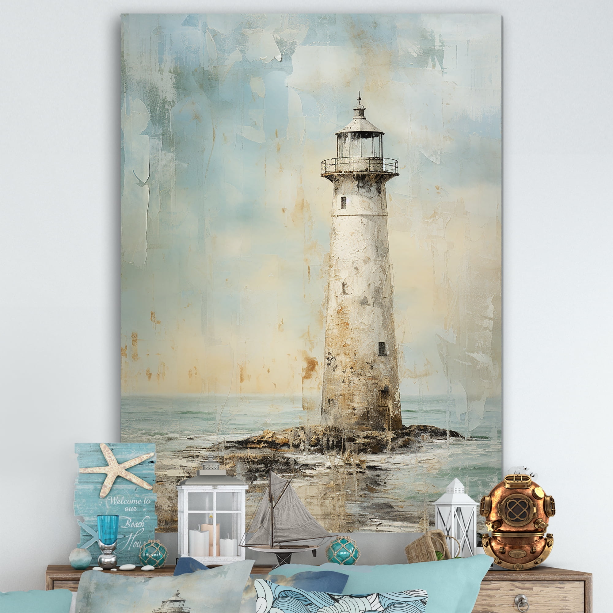 Designart "Minimal Grey Lighthouse" Beach Light House Wall Art Living ...