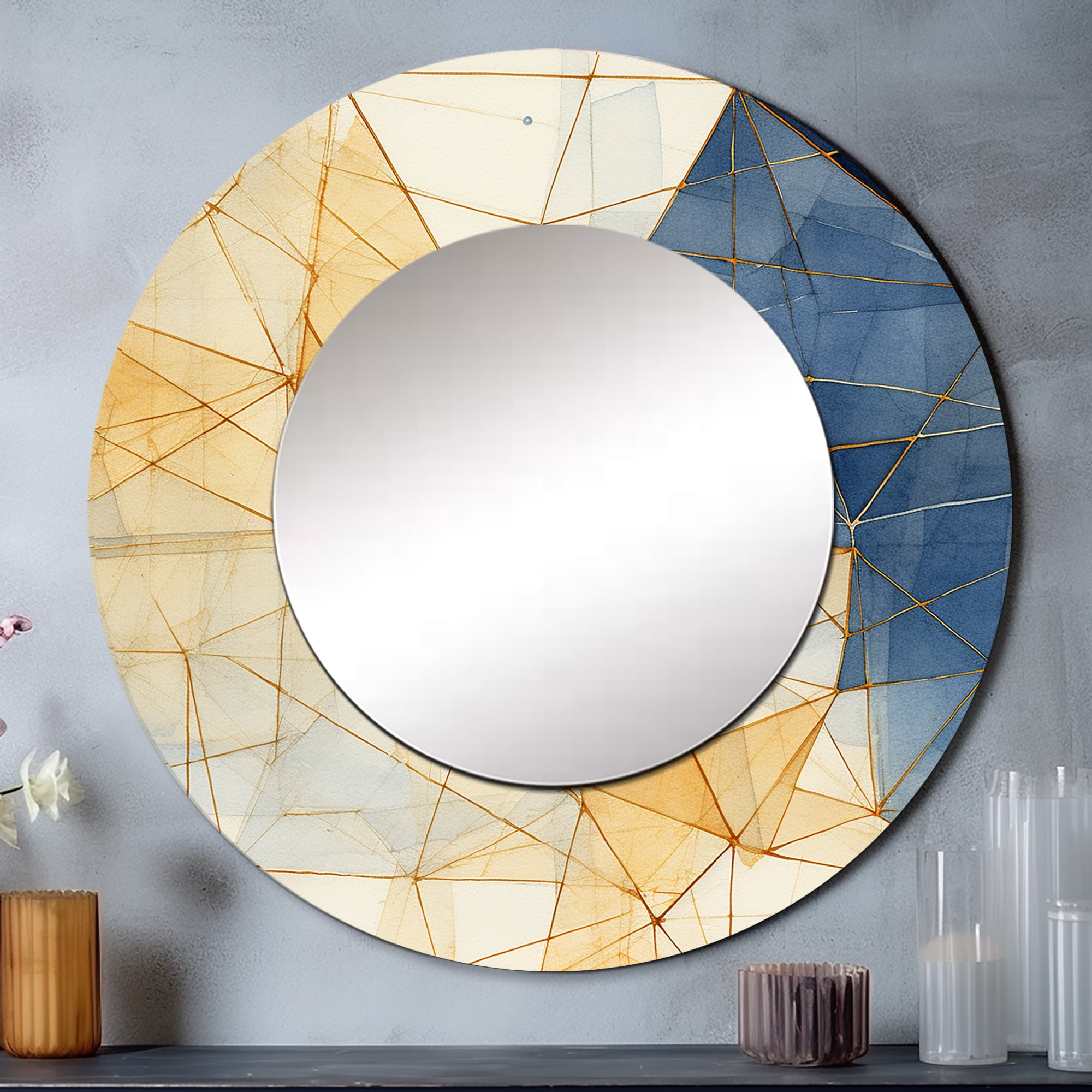 Designart "Minimalism in Blue and Gold II" Abstract Shapes Rund Mirror ...
