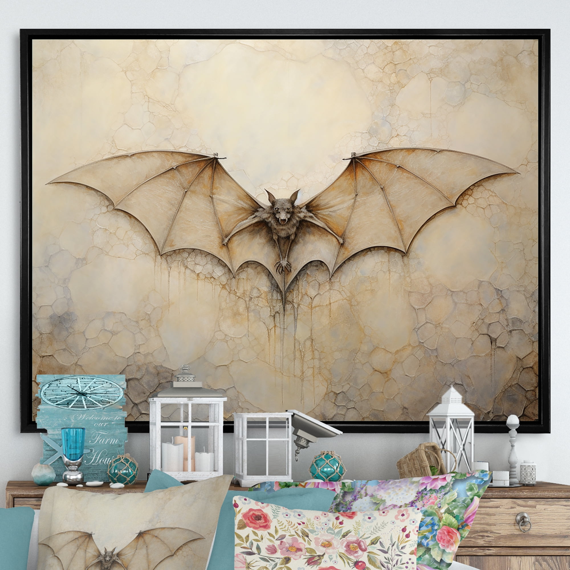 Designart "Minimalist Bat With Open Wings" Animals Bat Floater Framed ...