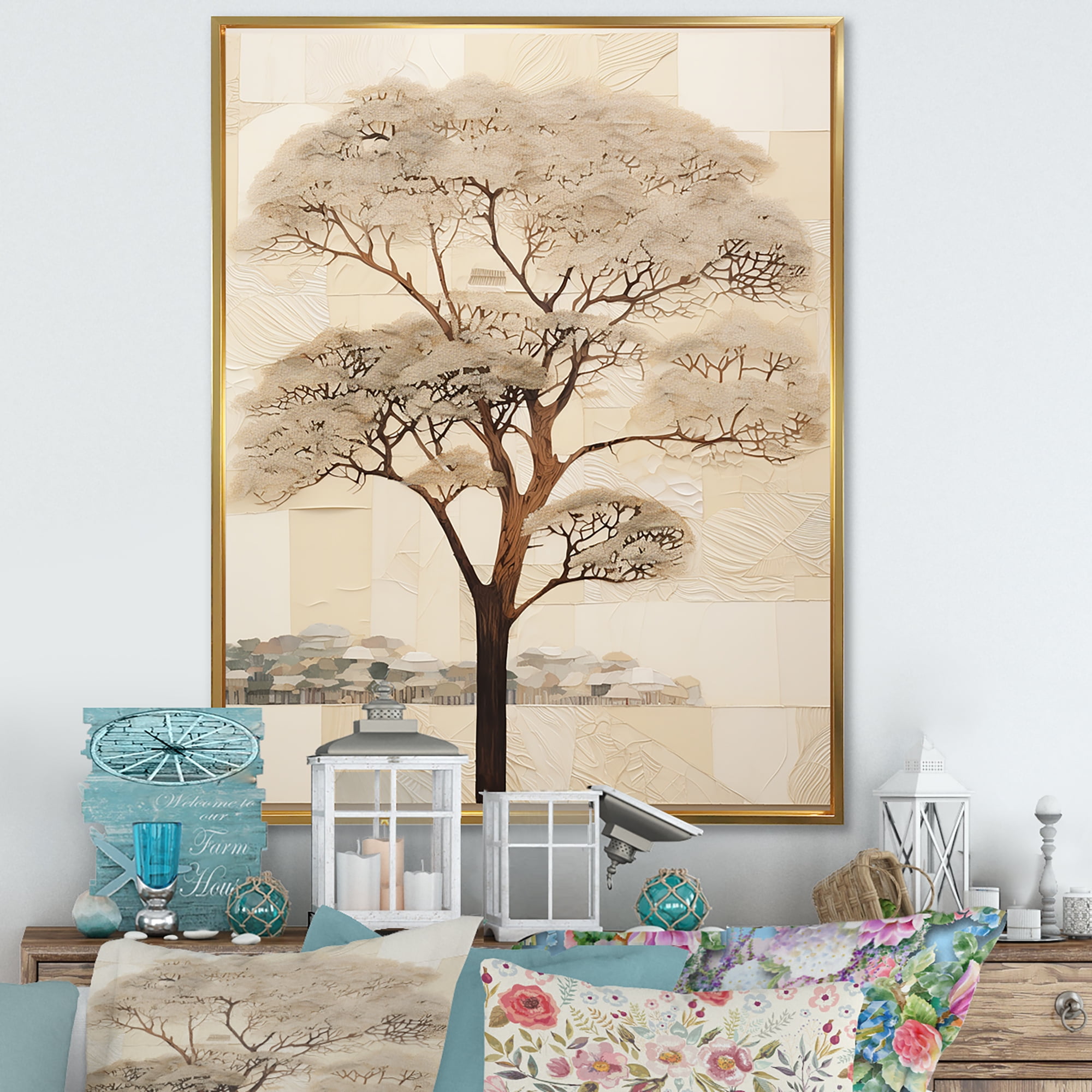 Designart "Minimalist Beige African Tree I" Tree African Floater Framed ...