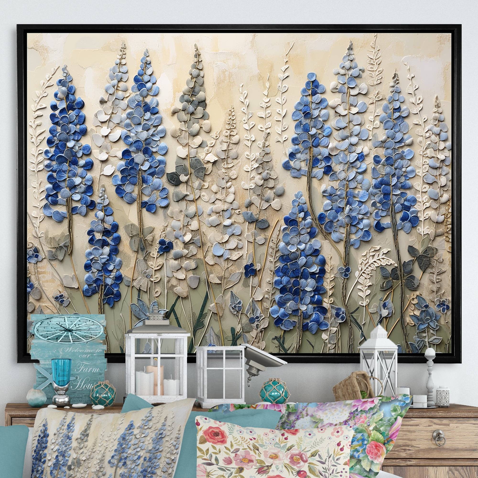Designart "Minimalist Blue And White Bonnets" Blue Bonnets Floater ...