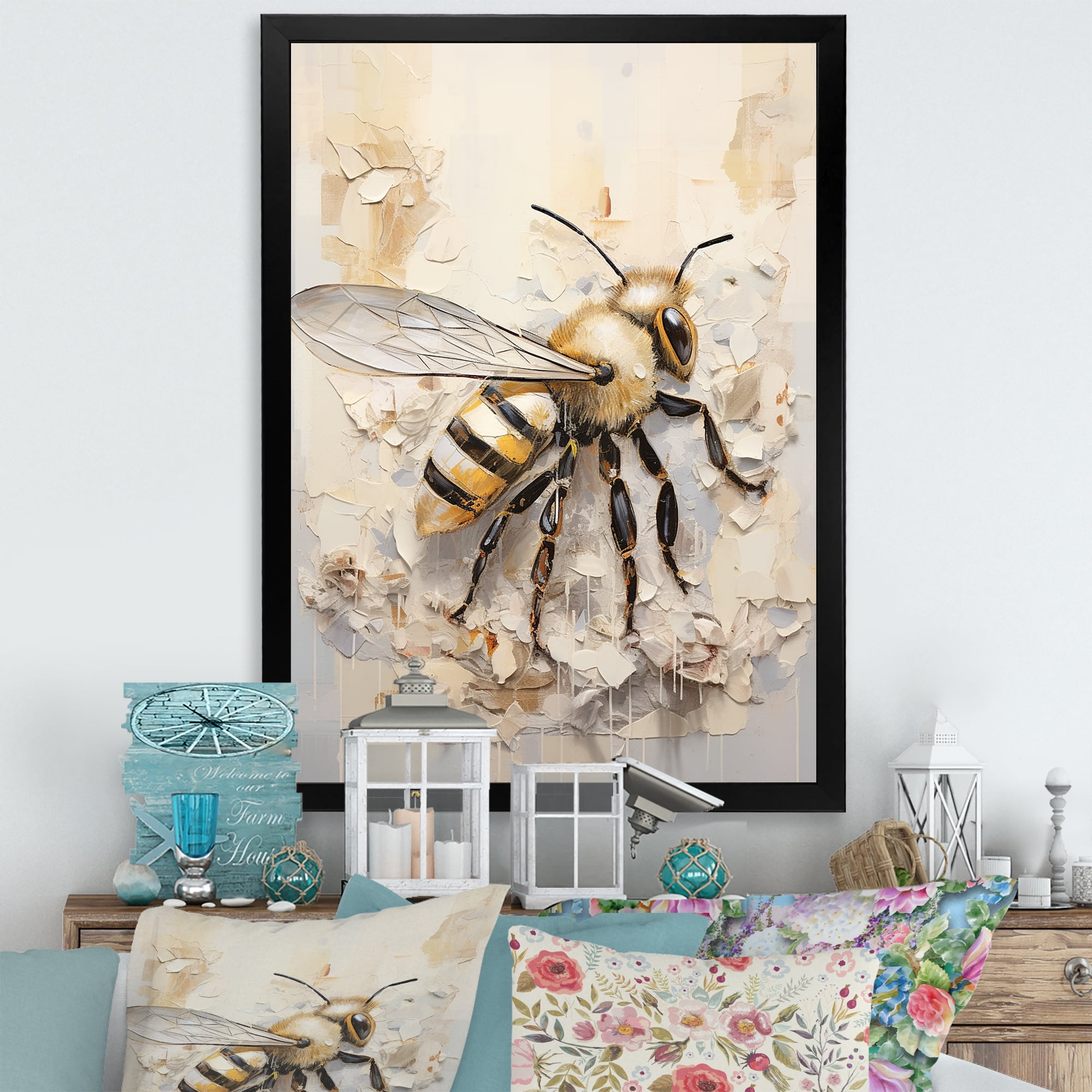 Designart "Minimalist Buzzing Bee Art I" Animals Bee Picture Framed ...