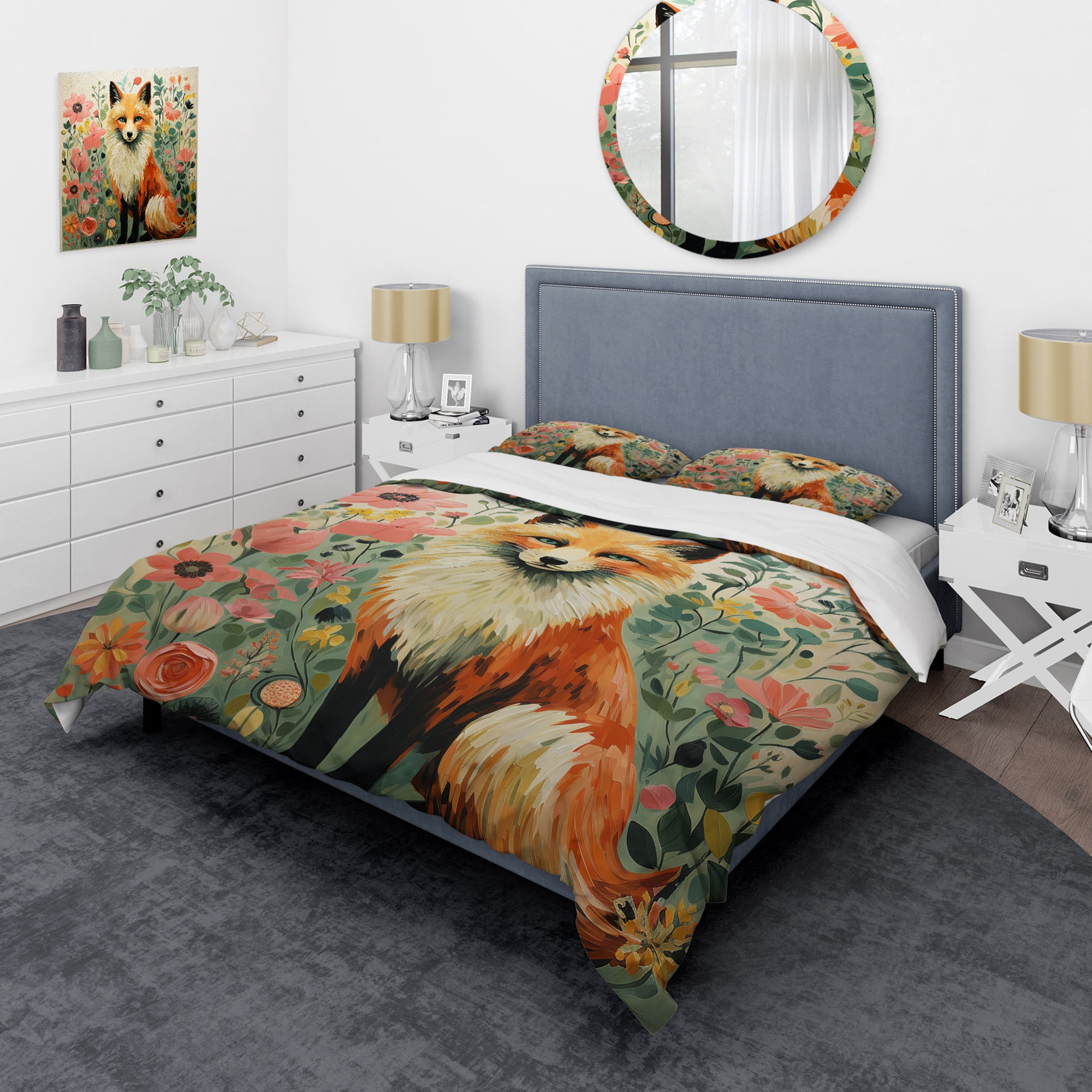 Designart "Minimalist Fox with Blooming Portrait III" Fox Bedding ...