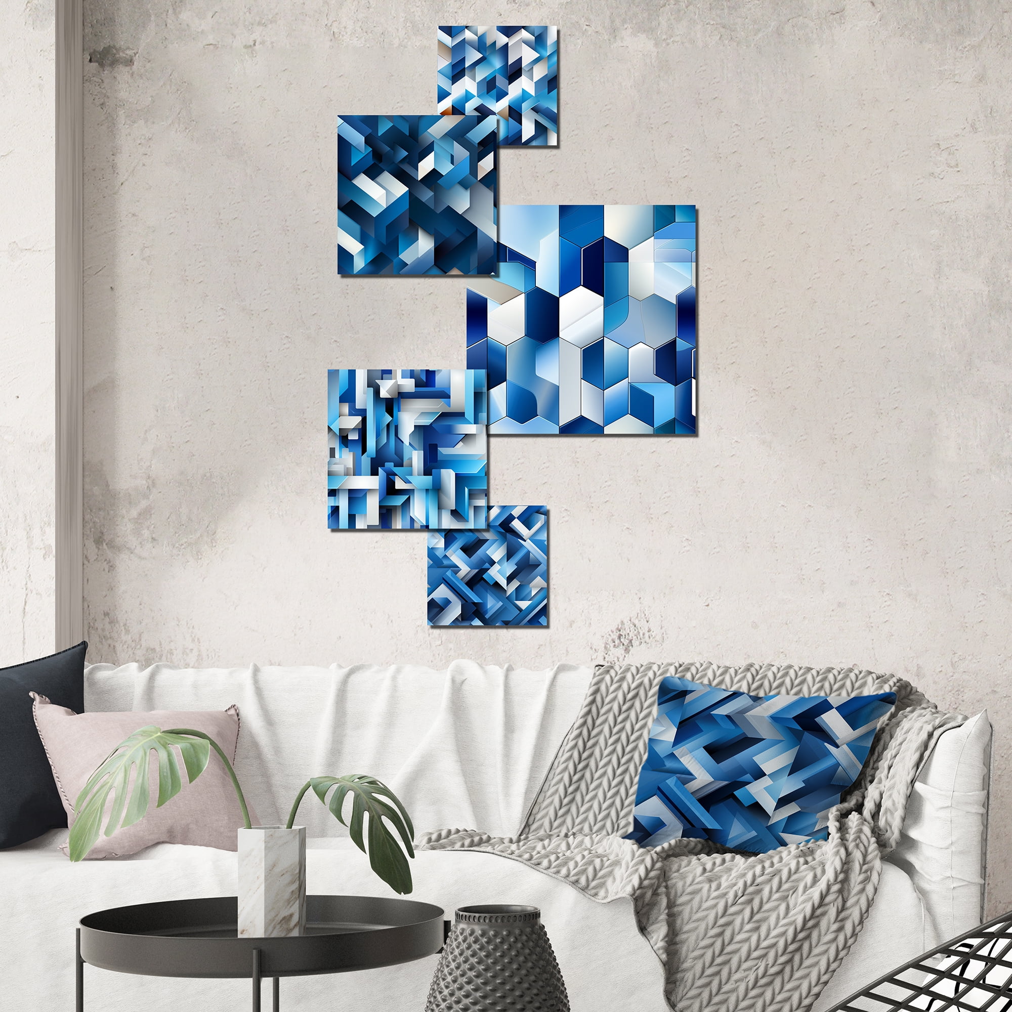 Designart "Minimalist Geometric Polygons in White and Blue I" Geometric ...