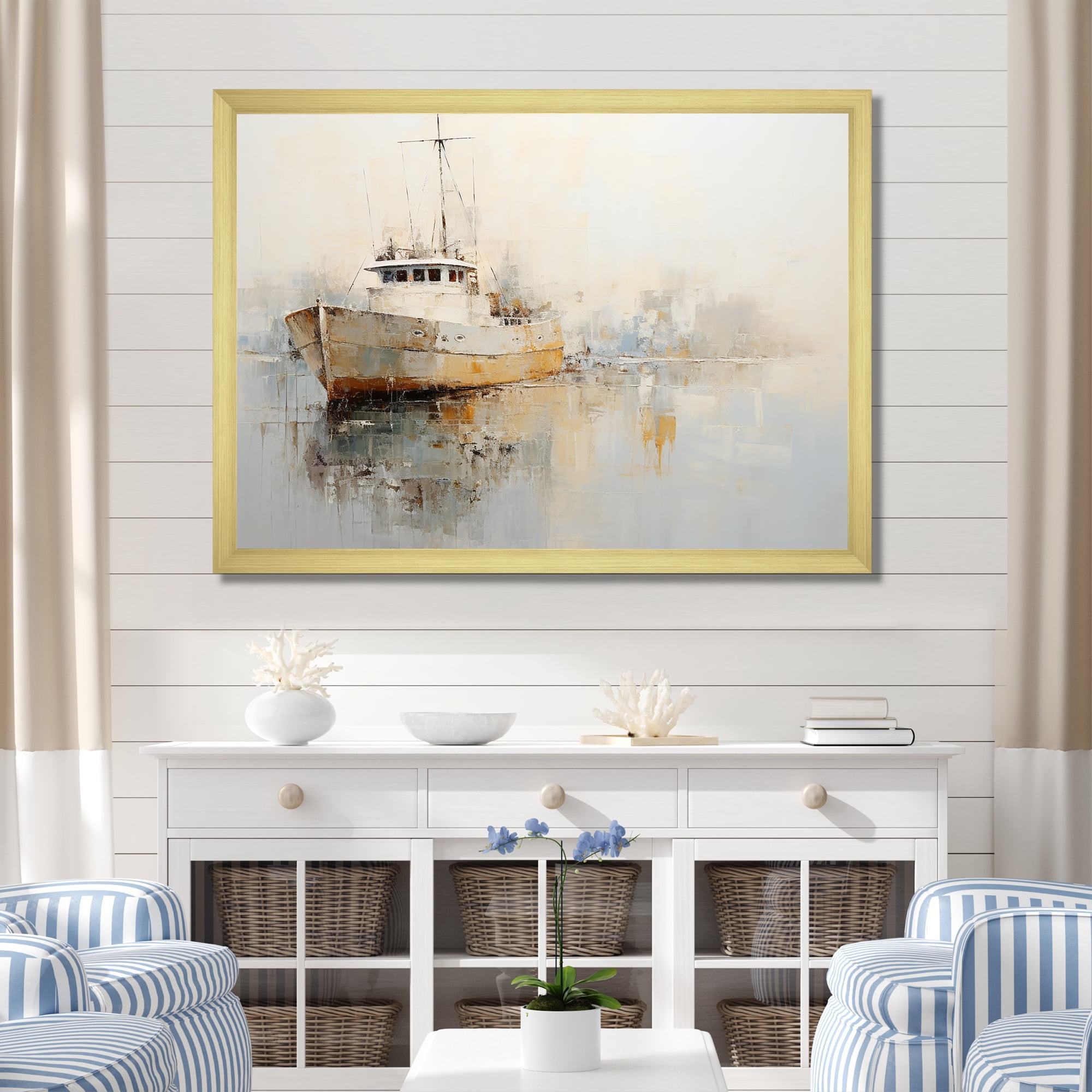 Designart "Minimalist Gold And Grey Fishing Boat I" Boat Fishing ...