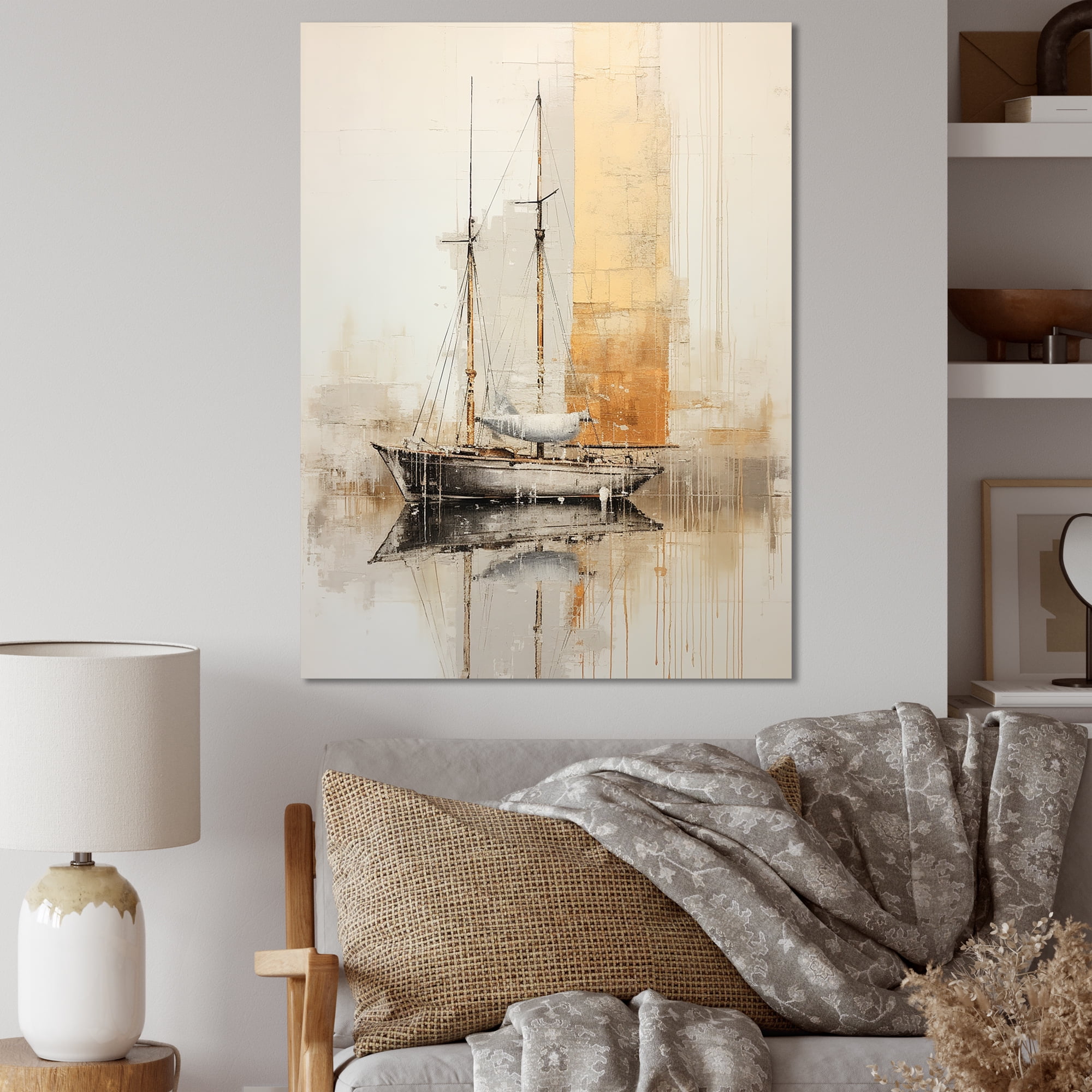 Designart "Minimalist Gold And Grey Fishing Boat II" Boat Fishing ...