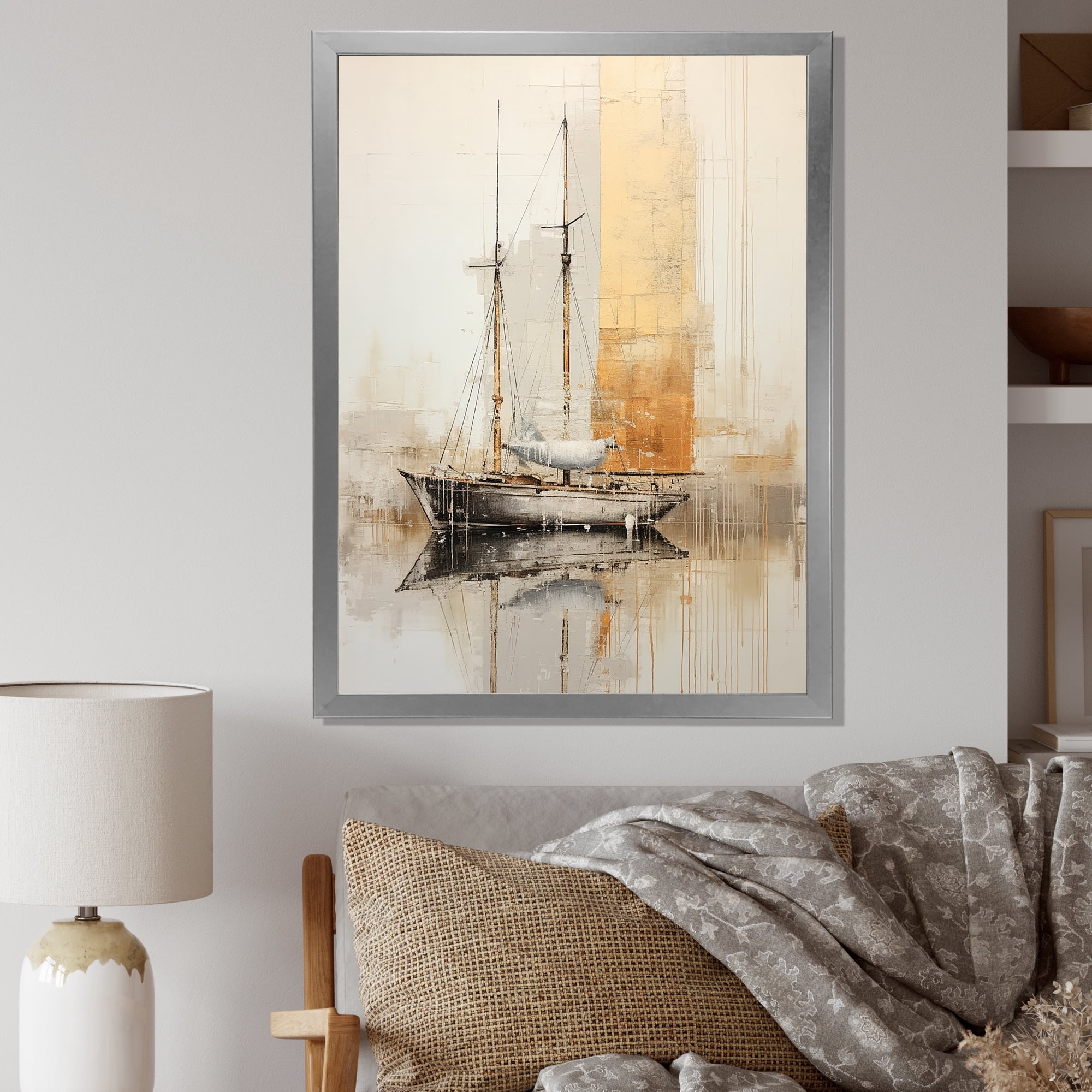 Designart "Minimalist Gold And Grey Fishing Boat II" Boat Fishing ...