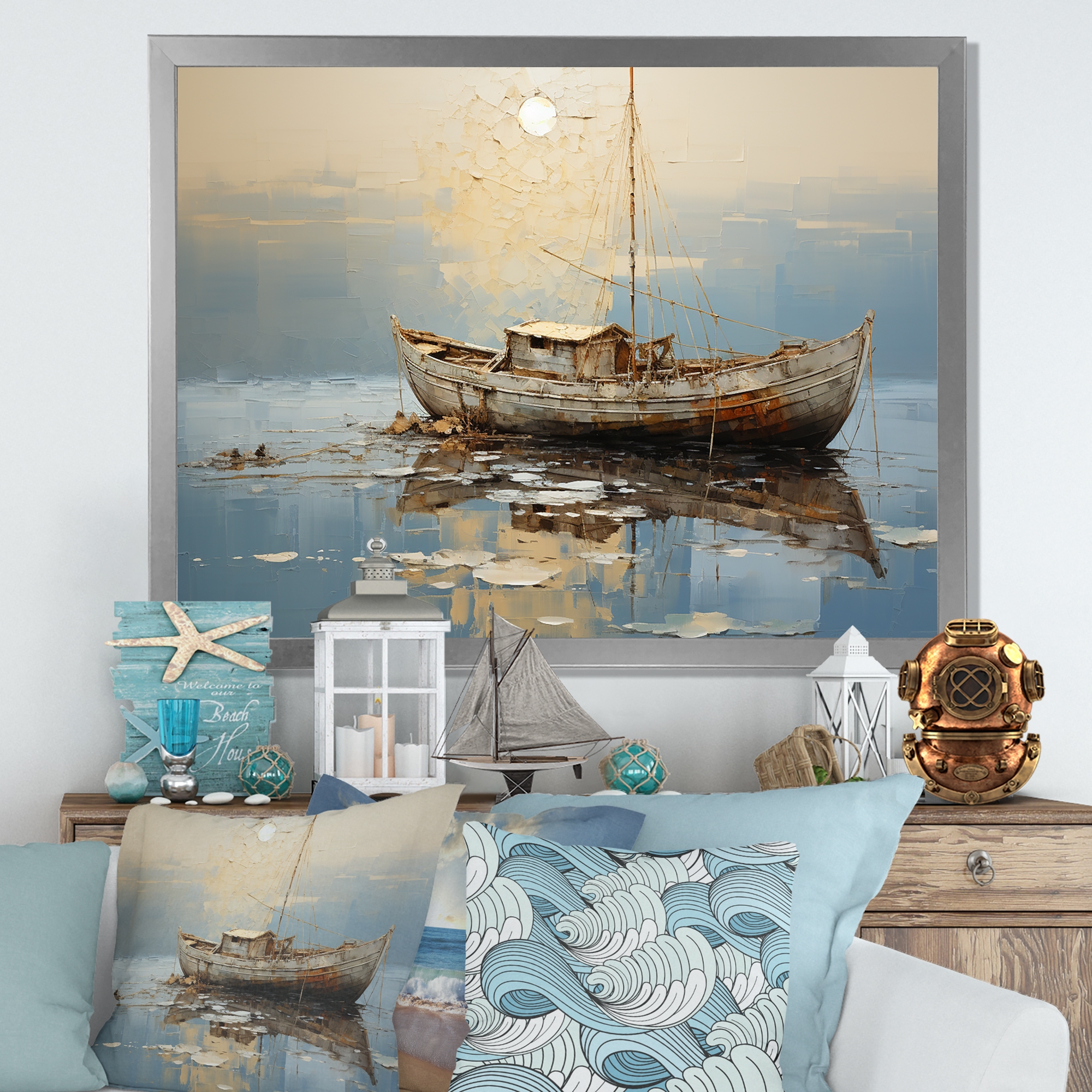 Designart "Minimalist Gold And Grey Fishing Boat III" Boat Fishing ...