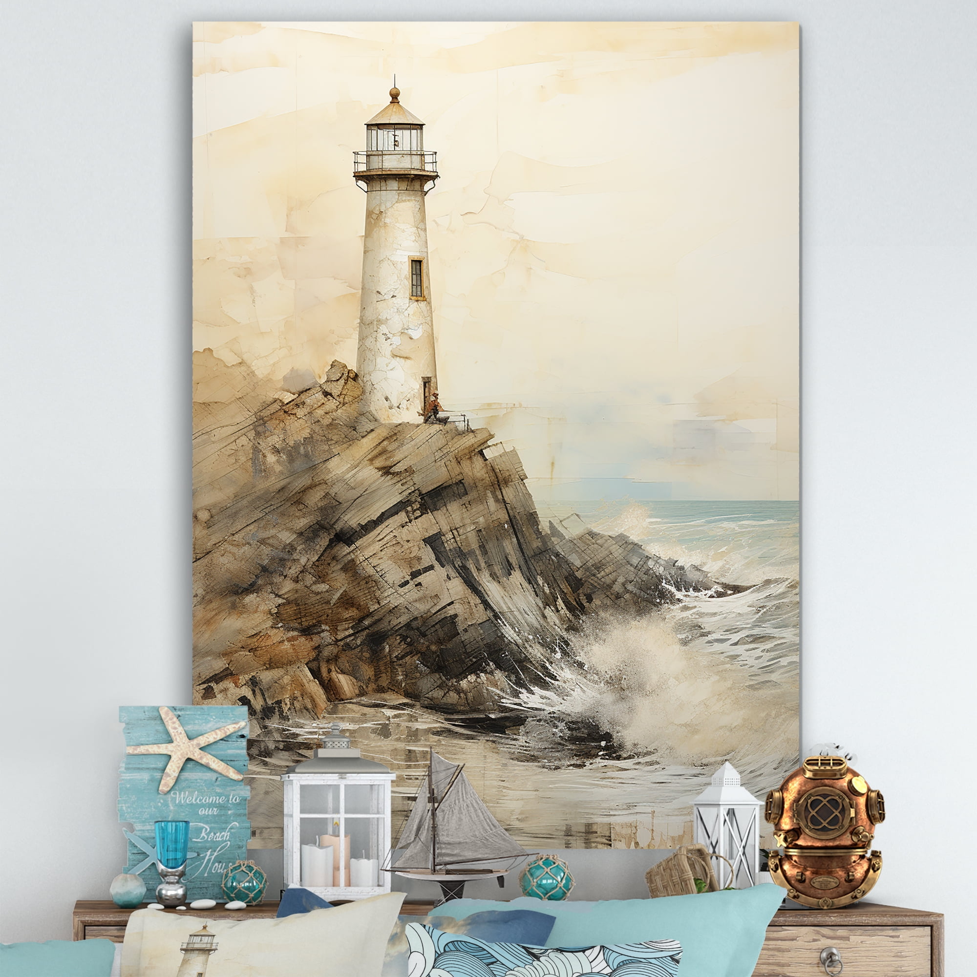 Designart "Minimalist Grey Lighthouse" Beach Light House Wall Decor ...