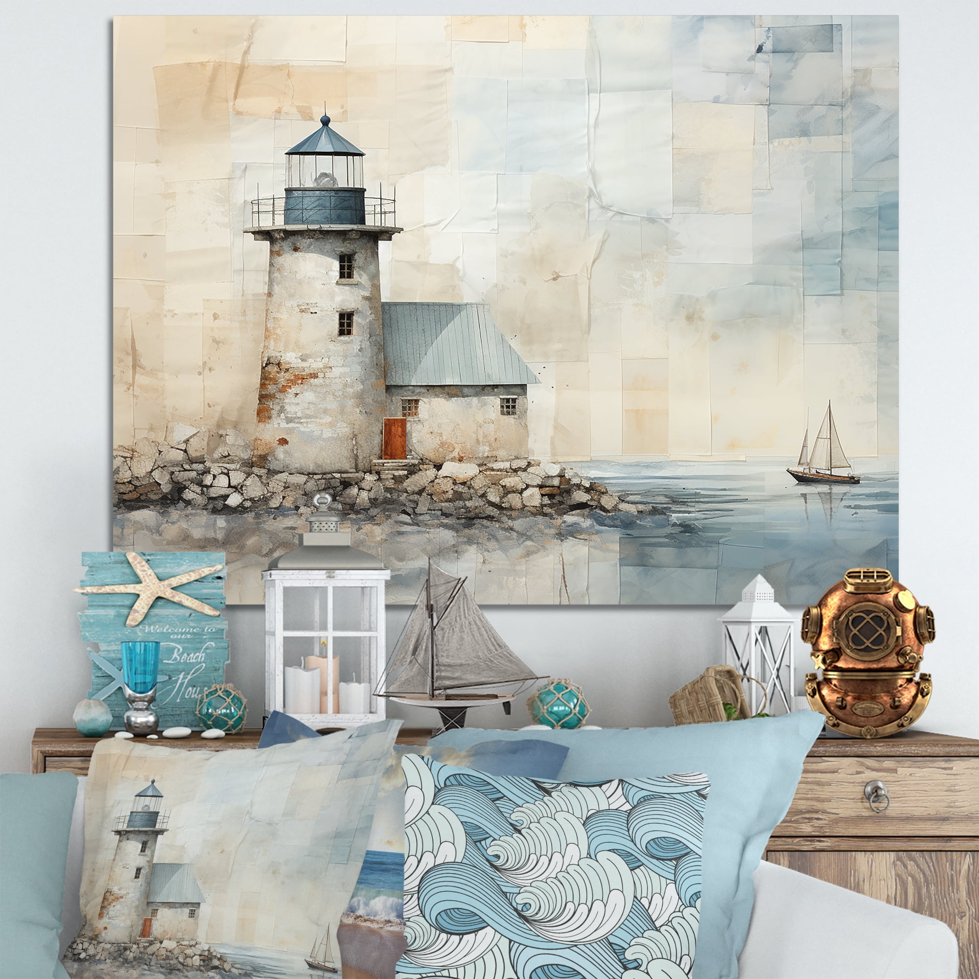 Designart "Minimalist Grey Lighthouse On The Horizon II" Beach Light ...