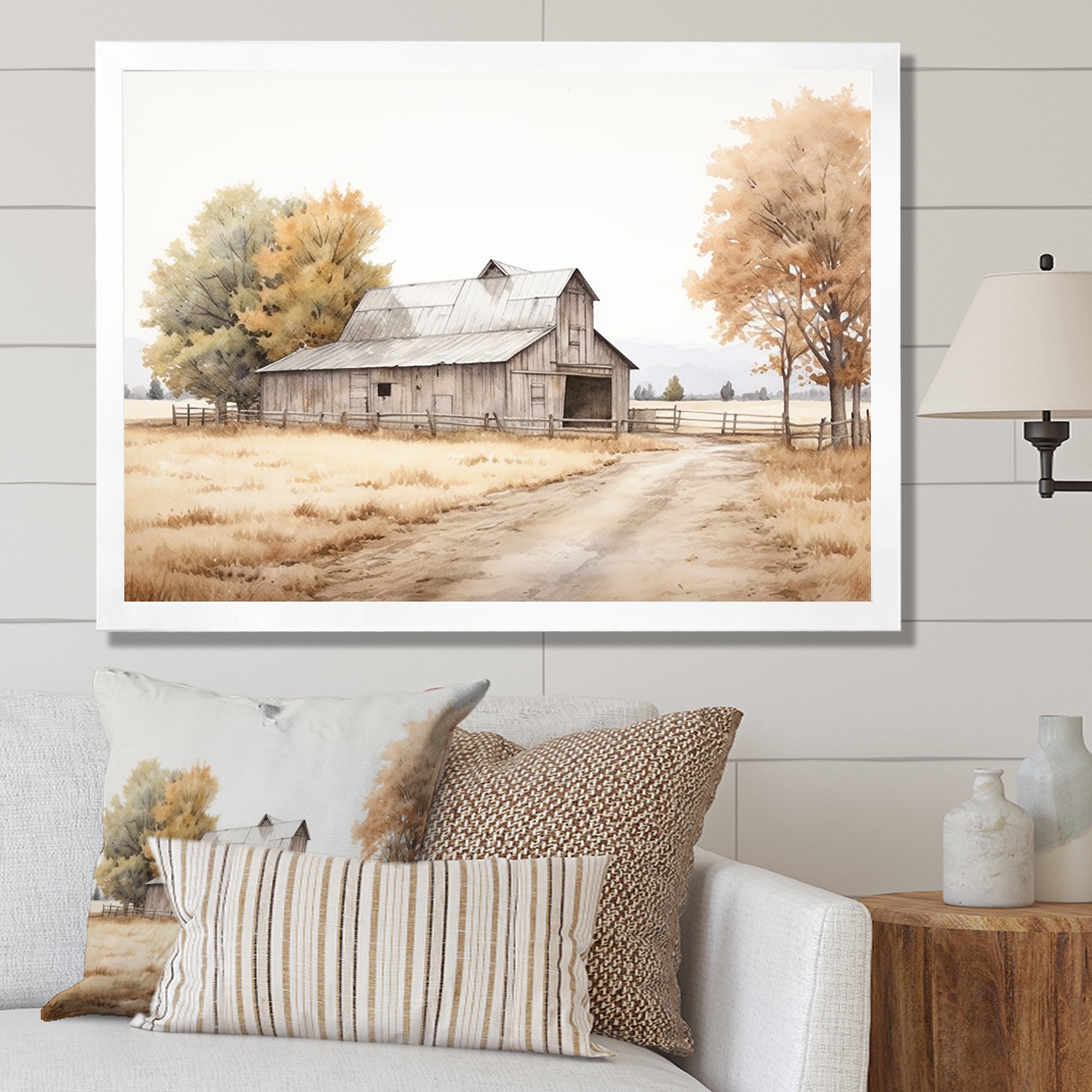 Designart "Minimalist Landscape With Barn Scenery" Barn Picture Framed ...