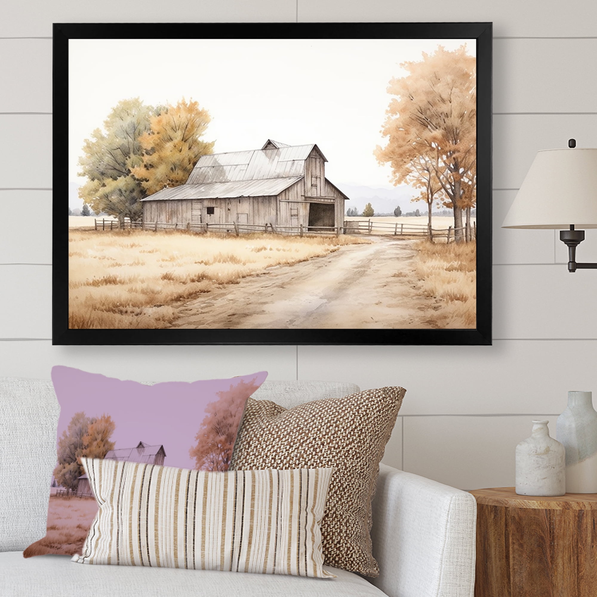 Designart "Minimalist Landscape With Barn Scenery" Barn Picture Framed ...