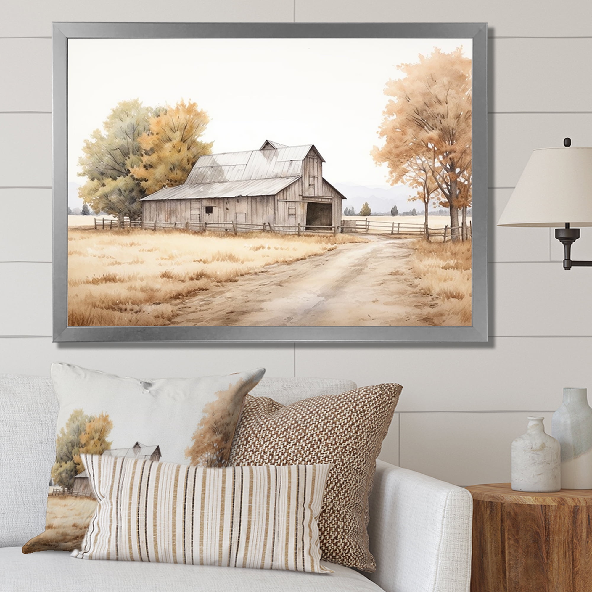 Designart "Minimalist Landscape With Barn Scenery" Barn Picture Framed ...