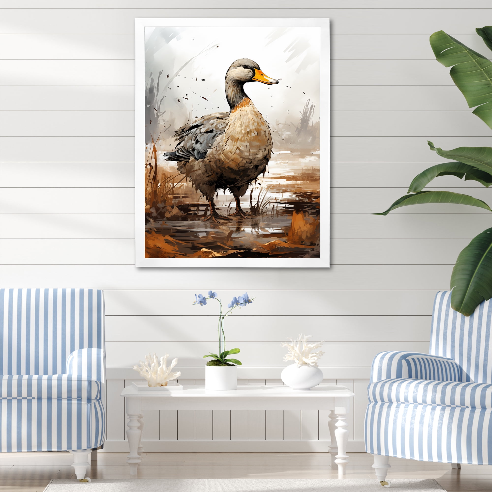 Designart "Minimalist Mallard at the Pond III" Animals Framed Wall Art - Traditional White Duck ...