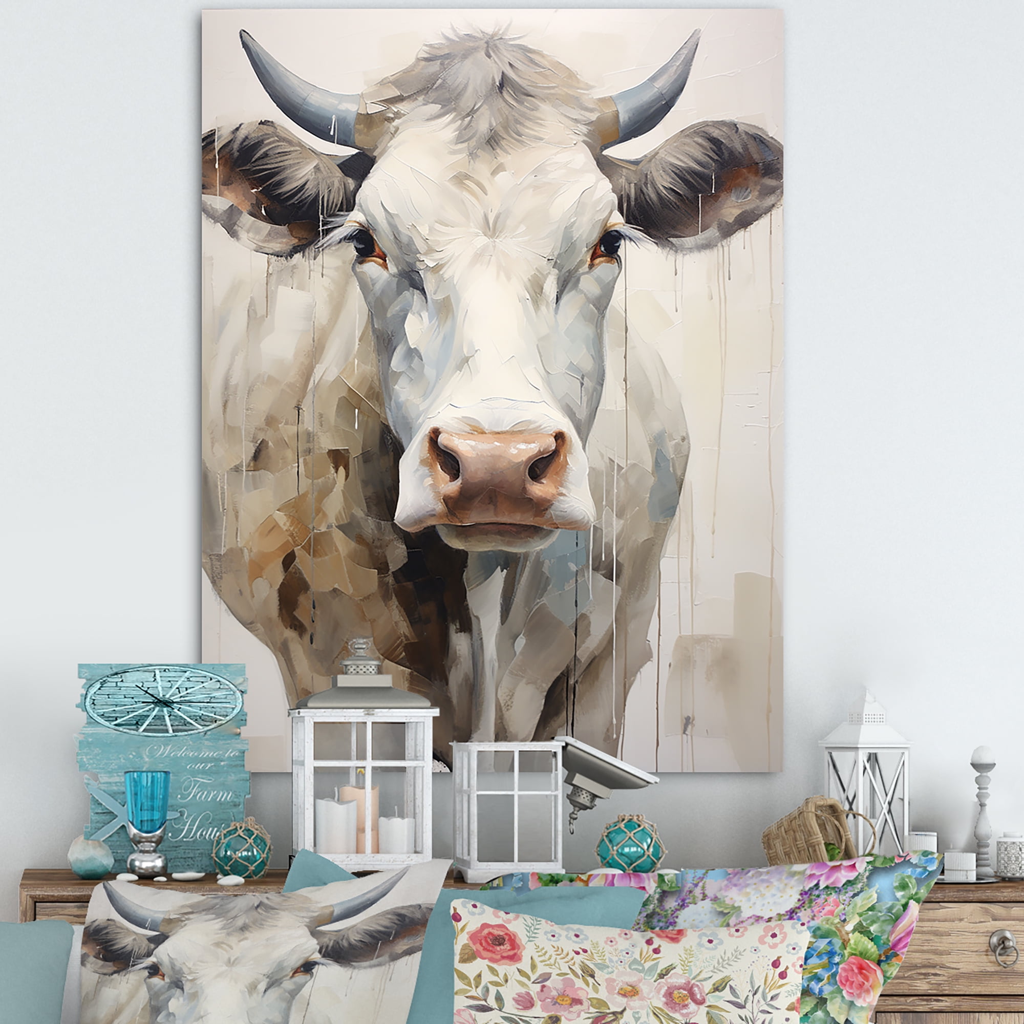 Designart "Minimalist Portrait Of A Beige Cow II" Animals Cow Canvas ...