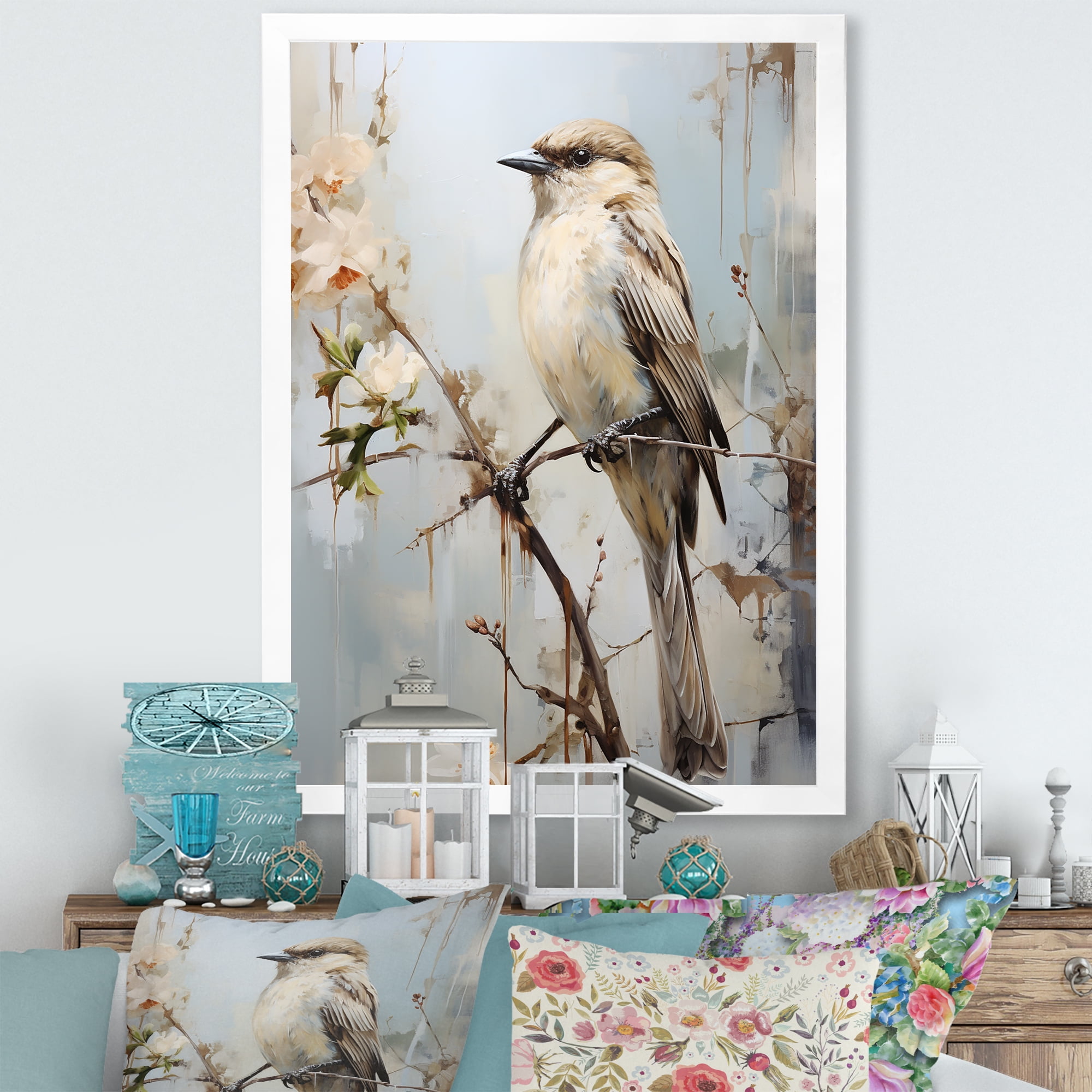 Designart "Minimalist Taupe Avian On Limb" Animals Bird Picture Framed ...