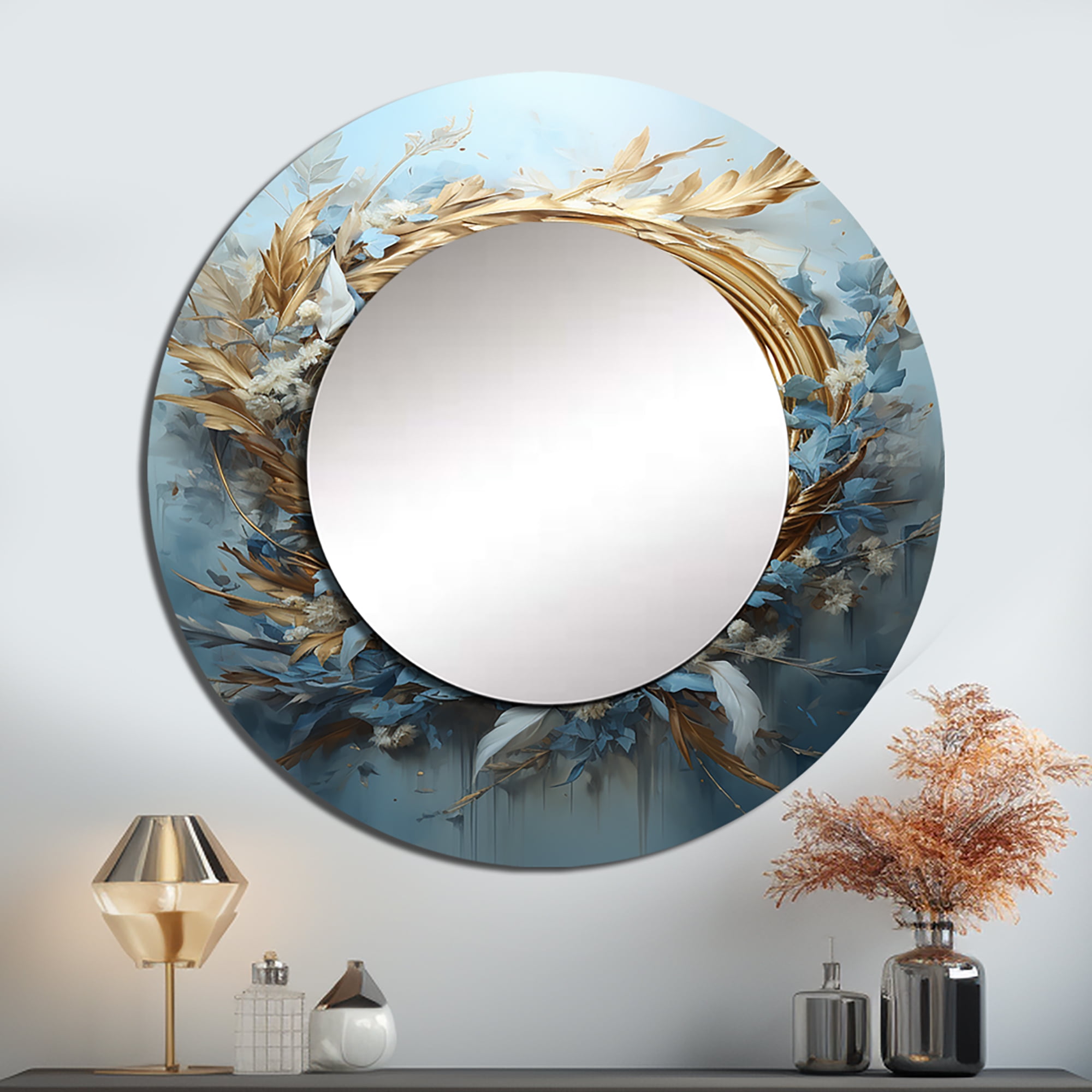 Designart "Minimalistic Blue And Gold Botanical Harmony" Wreath Rund ...