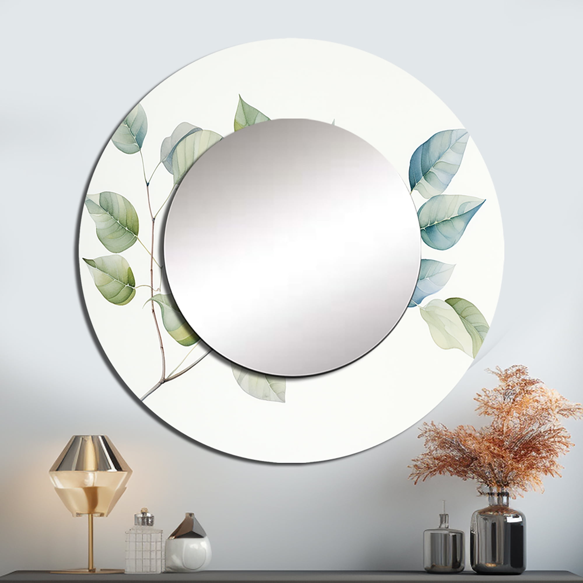 Designart "Minimalistic Charm Of Green Leaves" Leaves Rund Mirror For ...