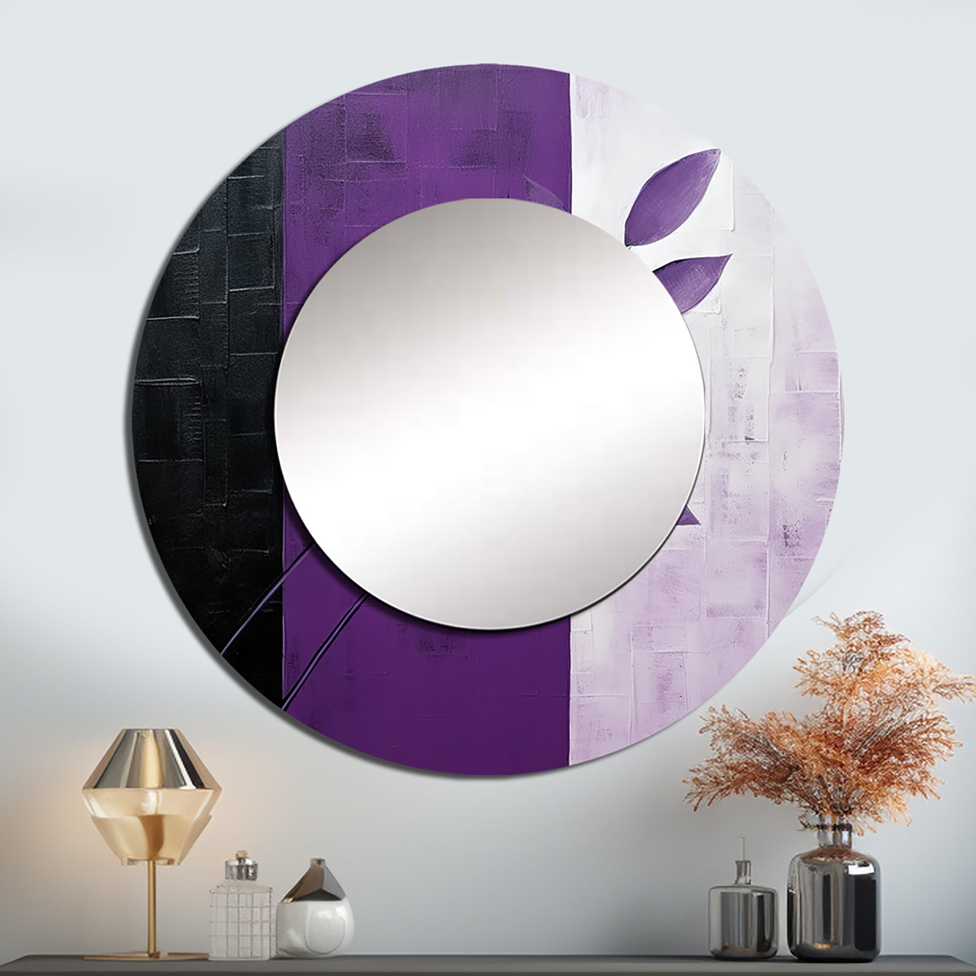 Designart "Minimalistic Collage Of Purple Ferns" Leaves Rund Mirror For ...