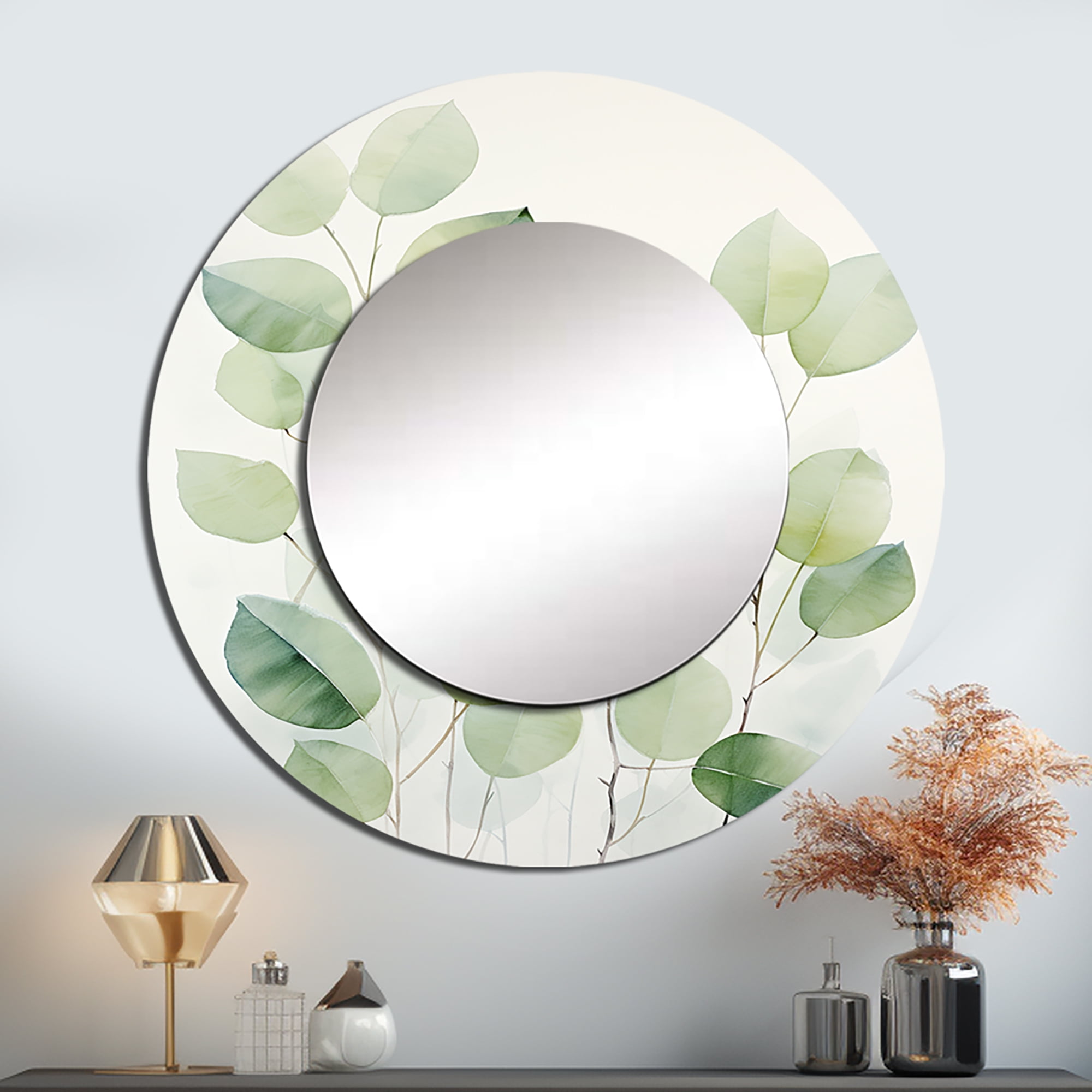 Designart "Minimalistic Scenery Of Green Leaves" Leaves Rund Mirror For ...