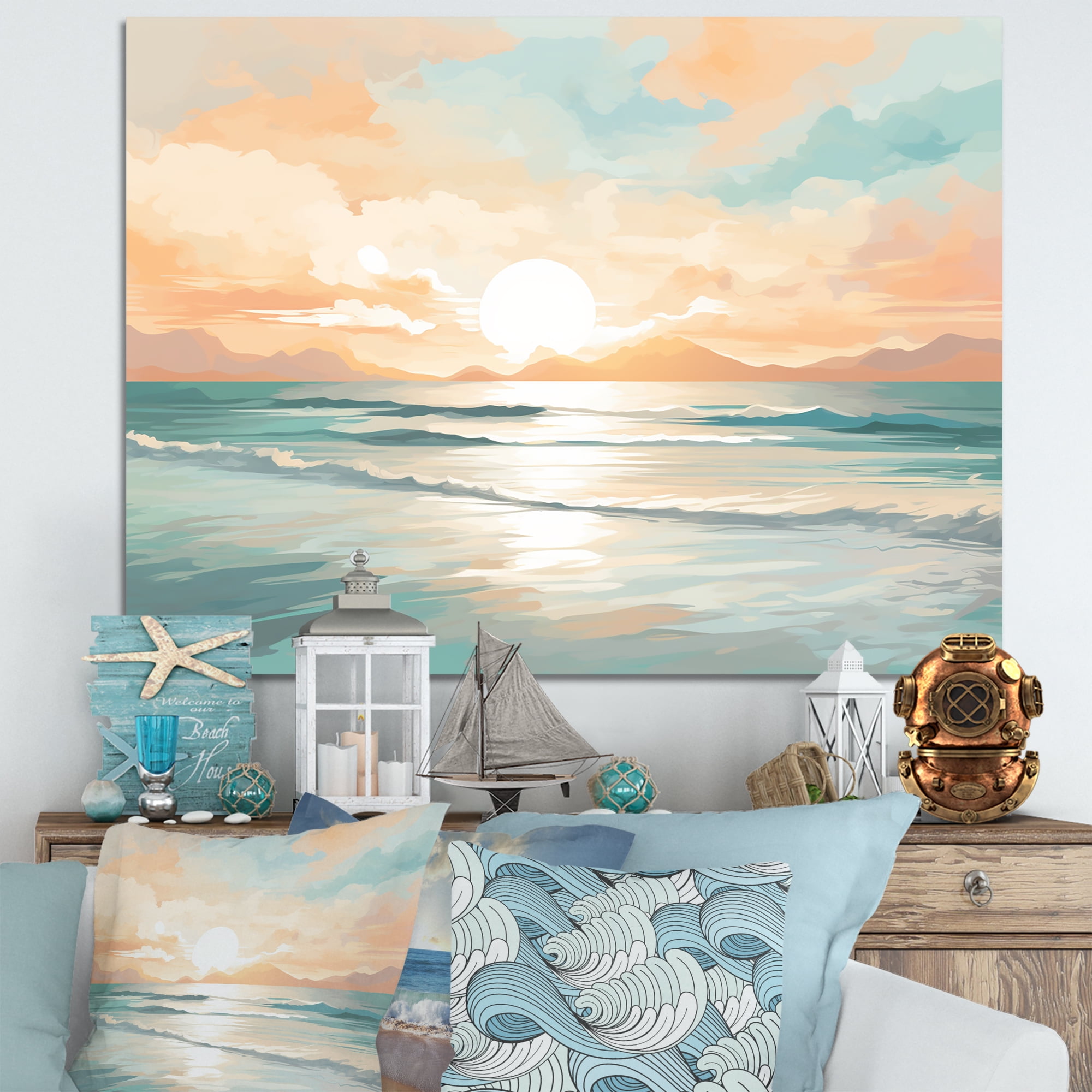 Designart "Minimalistic Skyline Of The Coastal Sunset III" Coastal ...