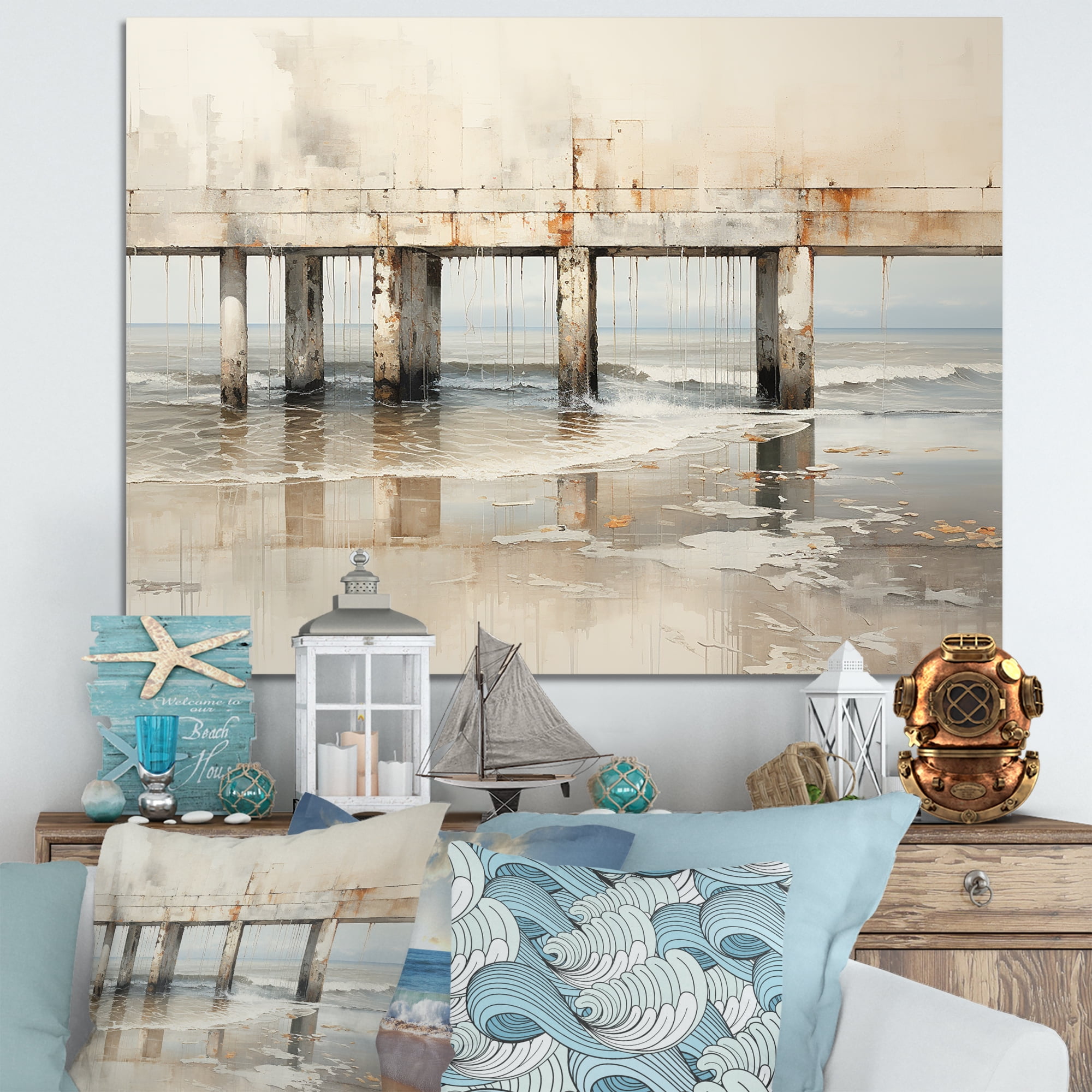 Designart "Minimalistic Watercolor Horizon Featuring A Pier II" Coastal ...