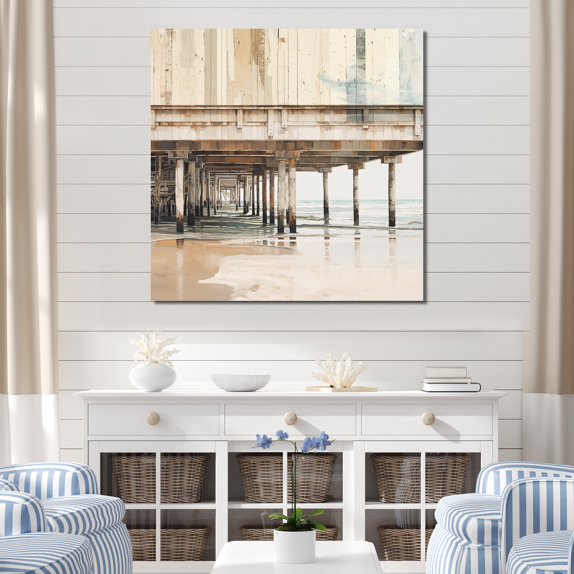 Designart "Minimalistic Watercolor Horizon Featuring A Pier IV" Coastal ...