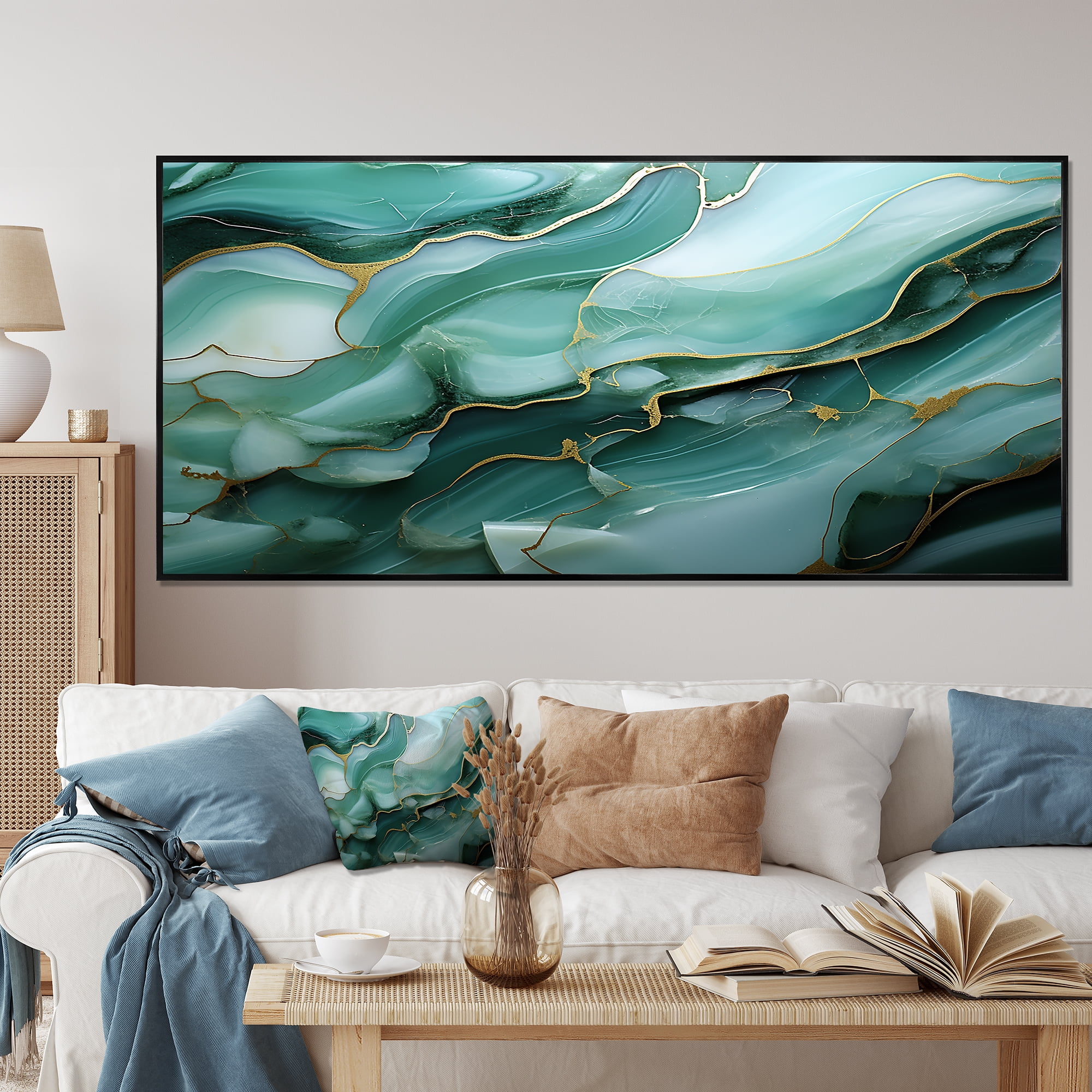 Designart "Mirage Liquid Ink in Green and Grey I" Extra Large Abstract ...