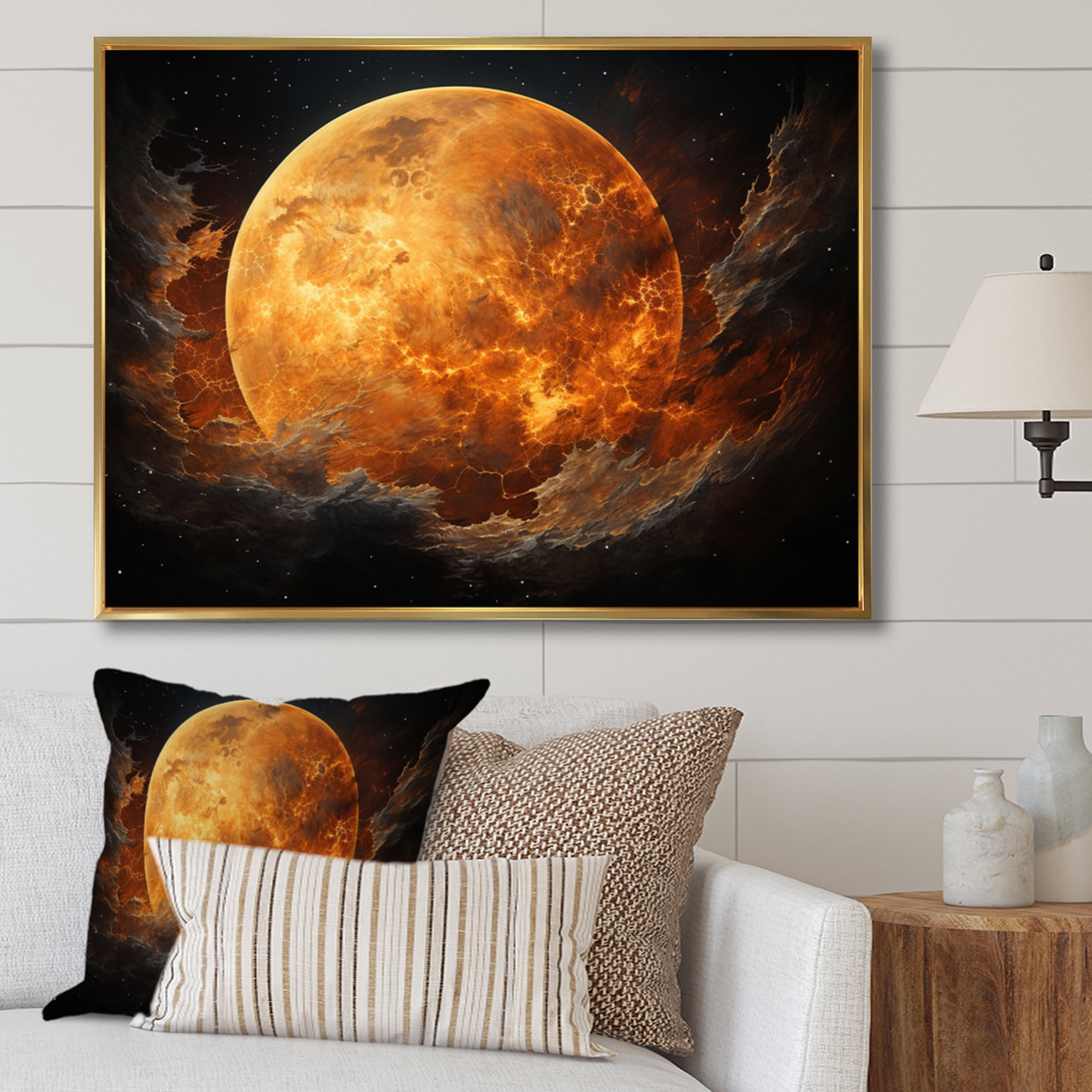 Designart "Misty Fiery Planet Titan" Space Planet Floater Framed Wall ...
