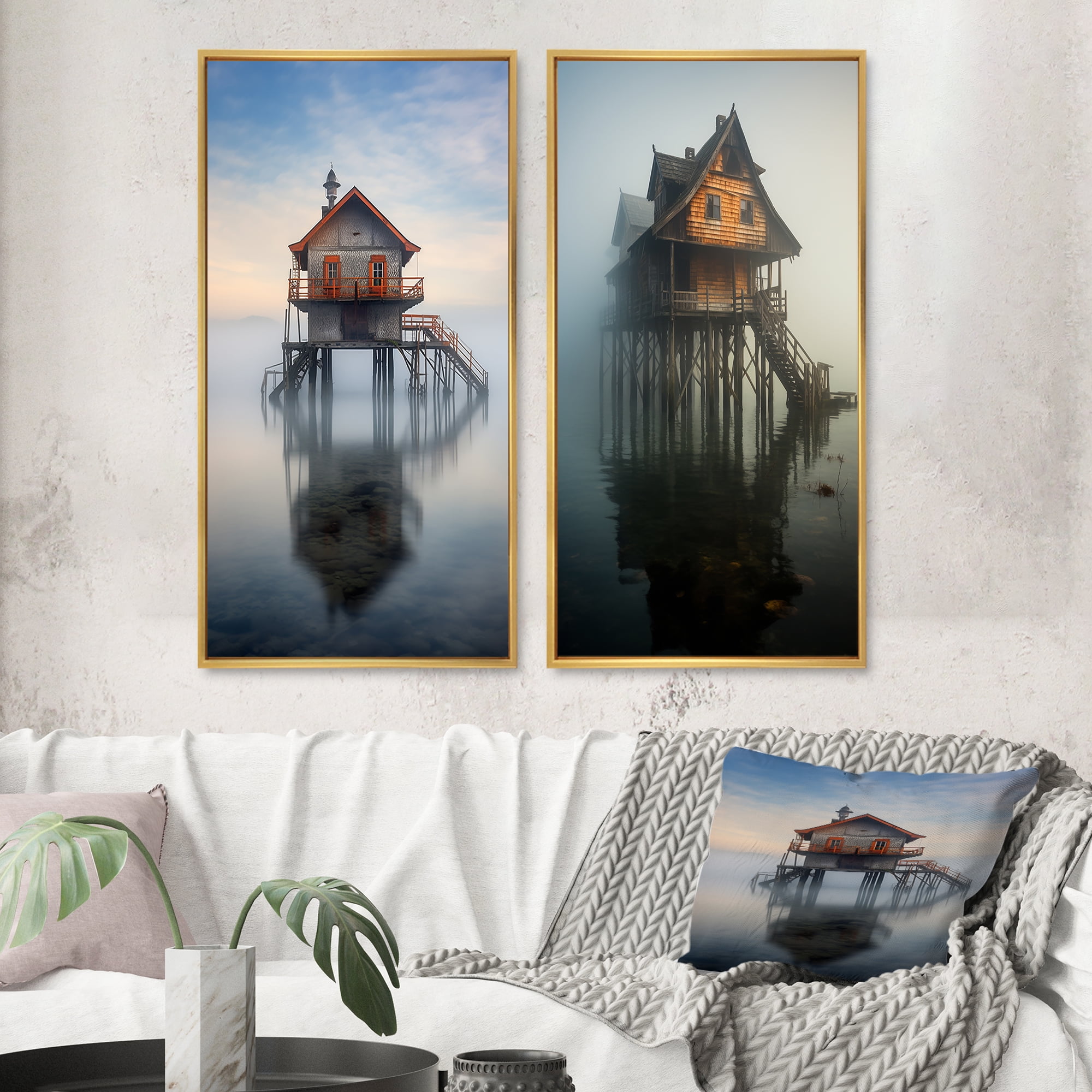 Designart "Misty Lake Day Wooden Pier to Lakehouse" Lakehouse Framed ...