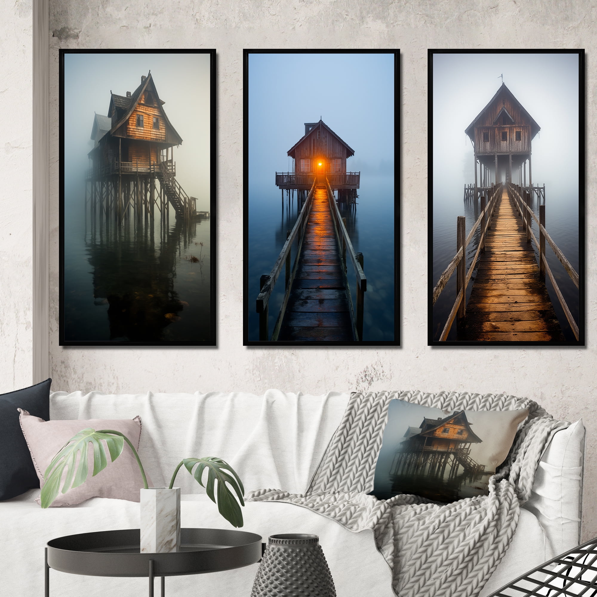 Designart "Misty Lake Scene Wooden Lakehouse" Lakehouse Framed Wall Art ...