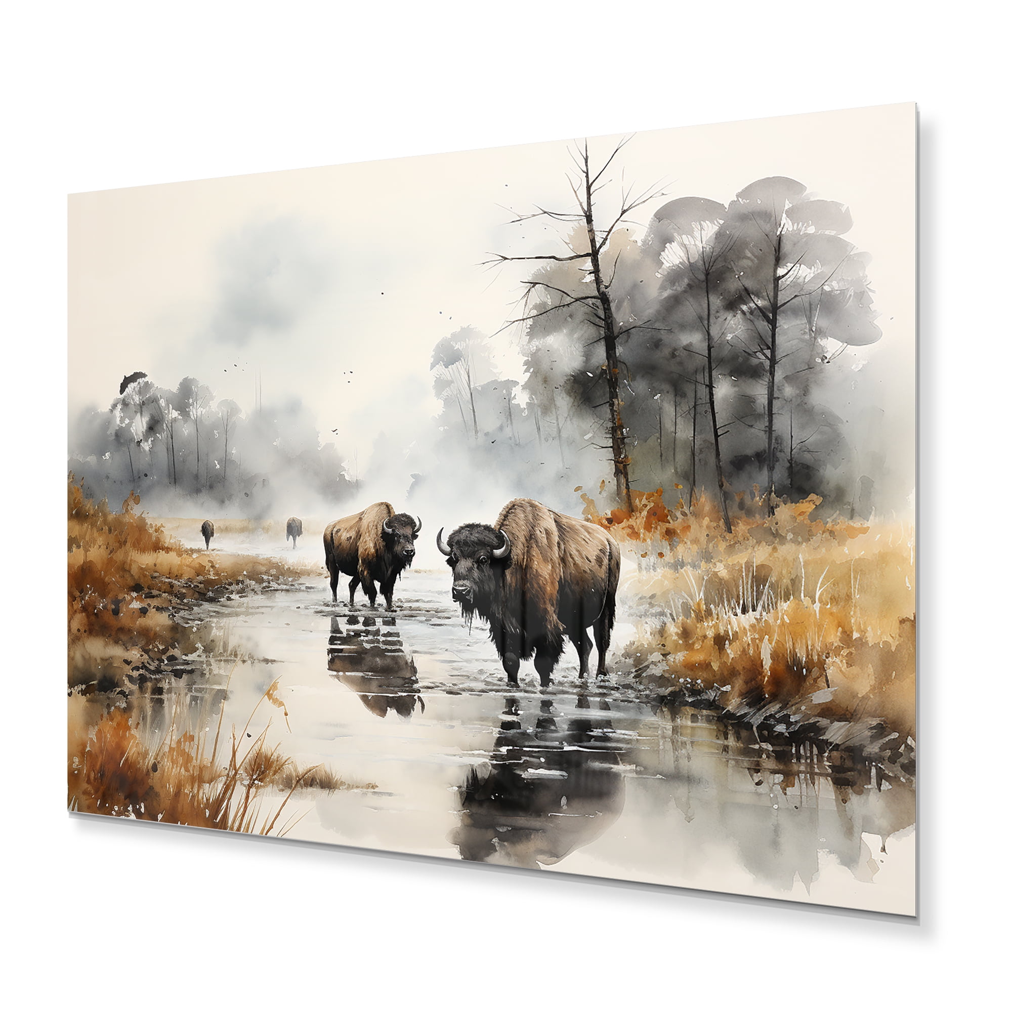 Designart "Misty Morning Grazing Grey Buffalo Serenity II" Animals ...