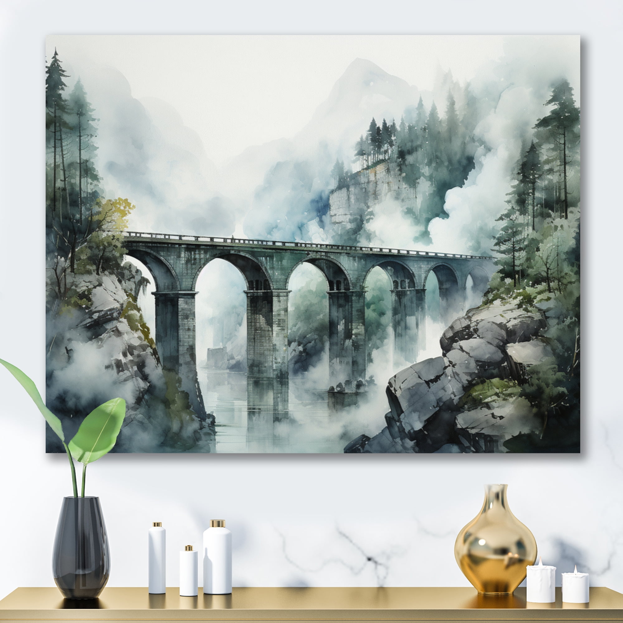 Designart "Misty Overpass Green Bridge" Architecture Canvas Art Print ...