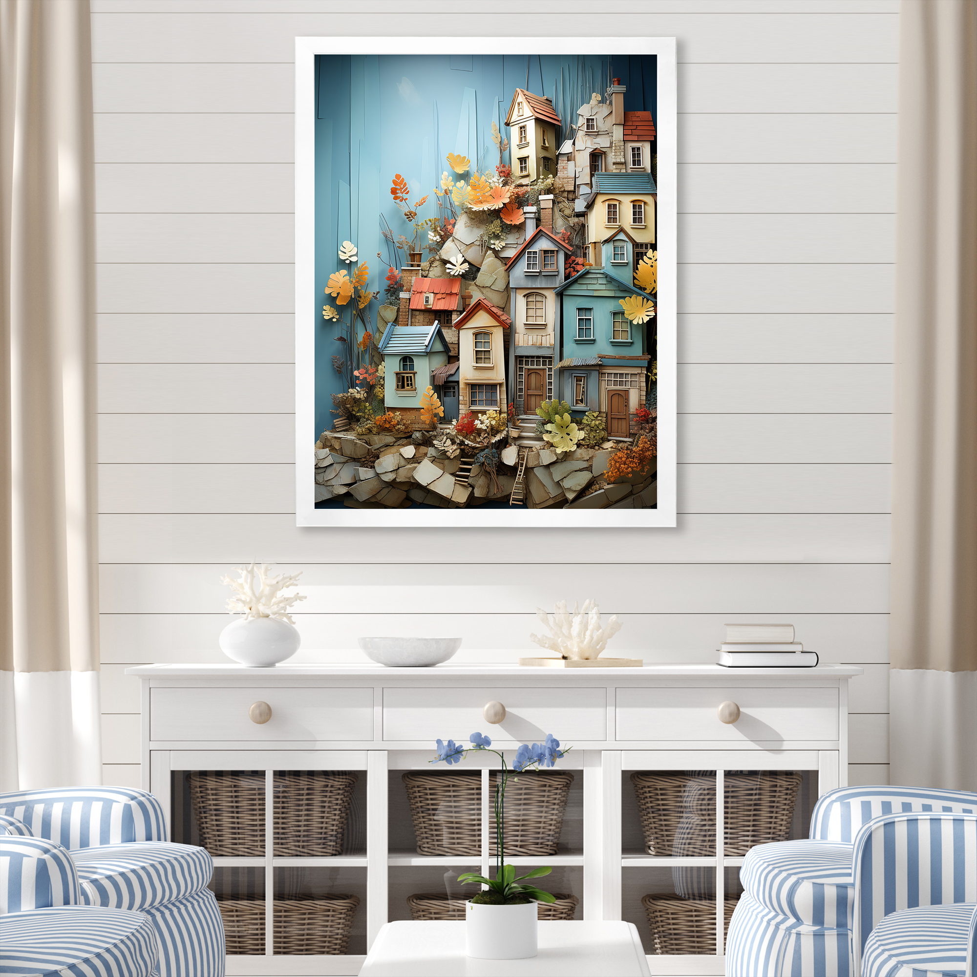 Designart "Modern Collage Fishing Village Life III" Coastal Framed Wall ...