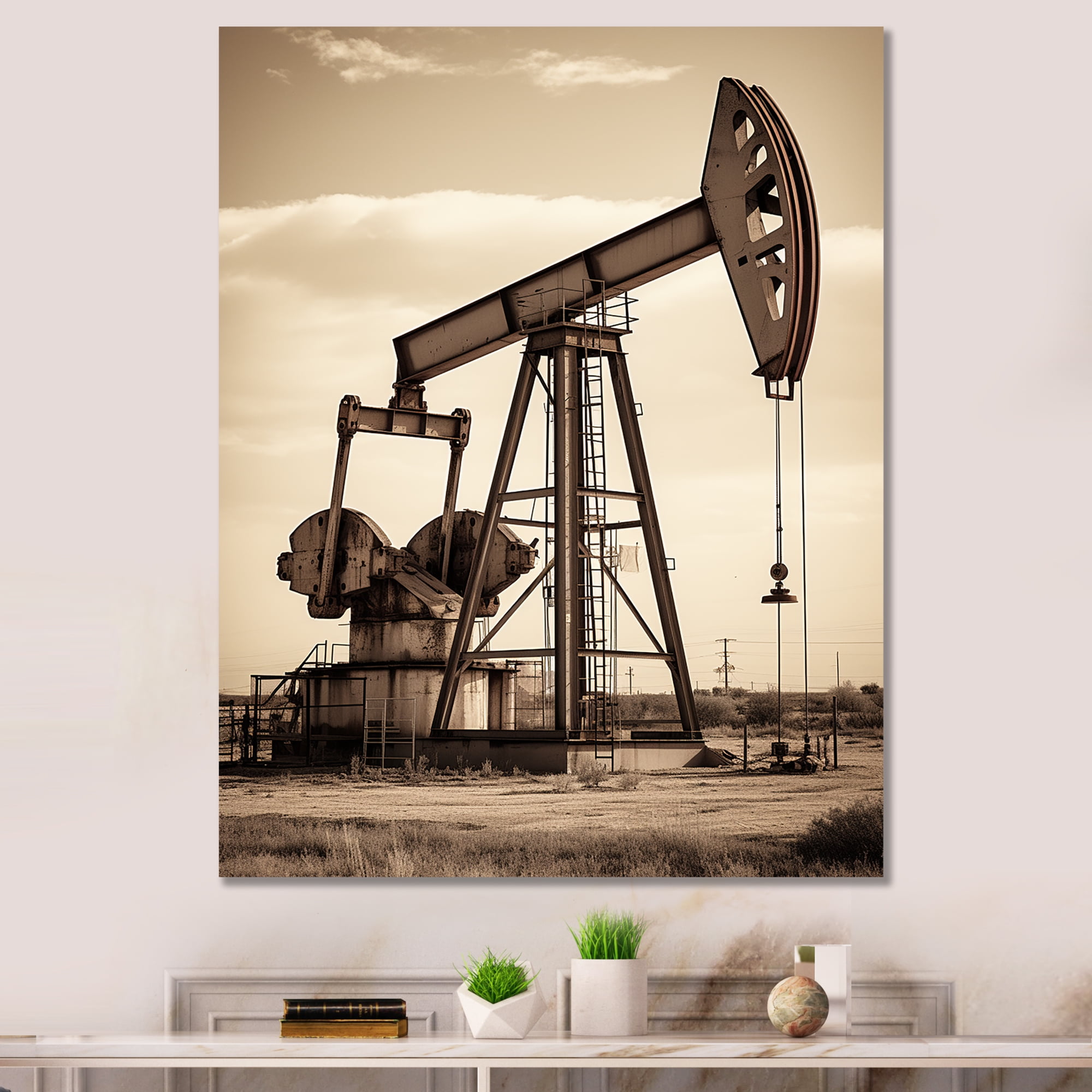 Designart "Modern Field Of Drilling Rigs In Sepia II" Oil Rigs / Fields ...