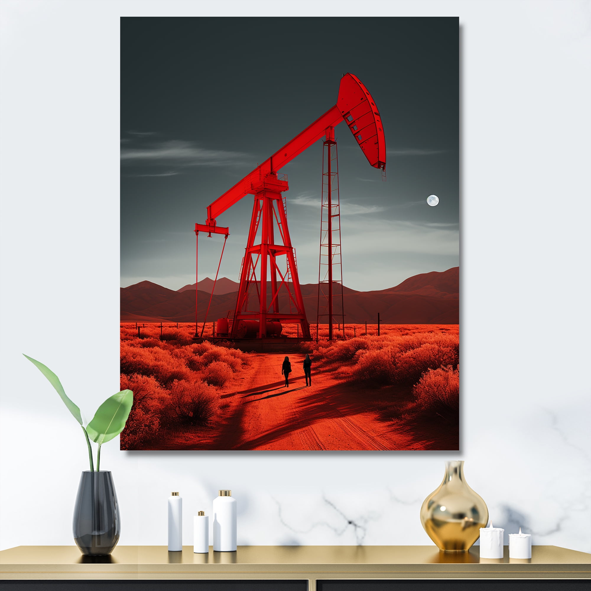 Designart "Modern Field Of Red Drilling Rigs" Oil Rigs / Fields Canvas ...