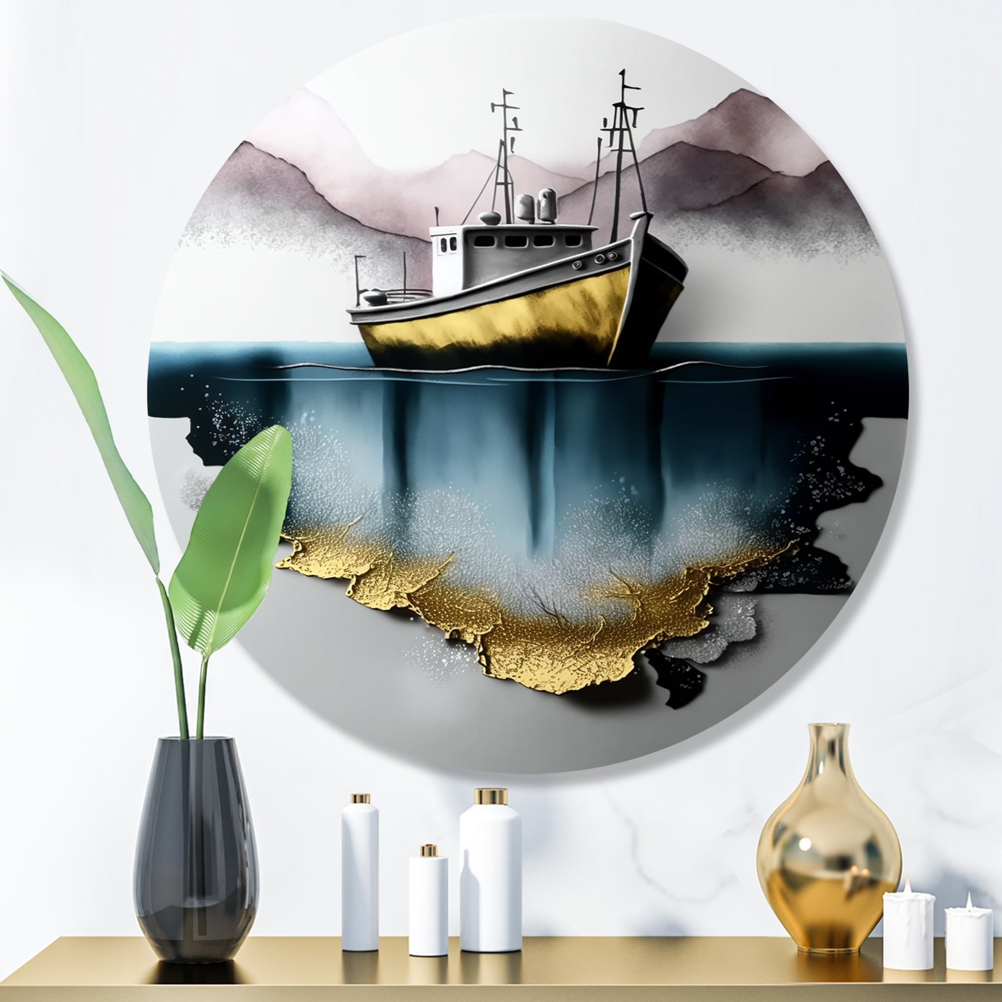 Designart "Modern Fishing Boat Gold I" Coastal Boat Metal Round Wall ...