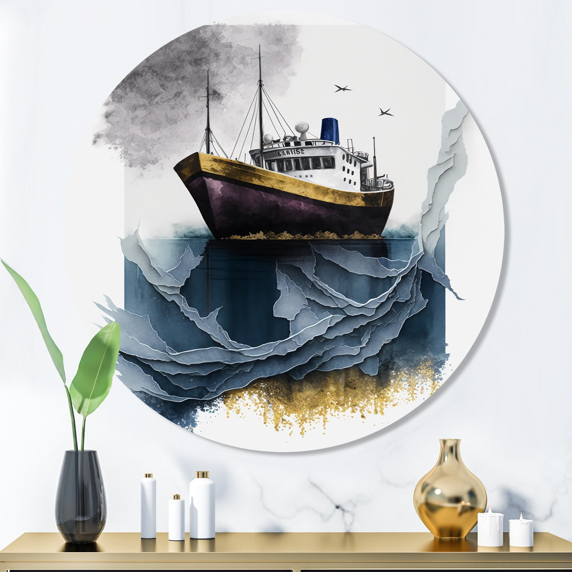 Designart "Modern Fishing Boat in Purple and Gold" Coastal Boat Metal ...
