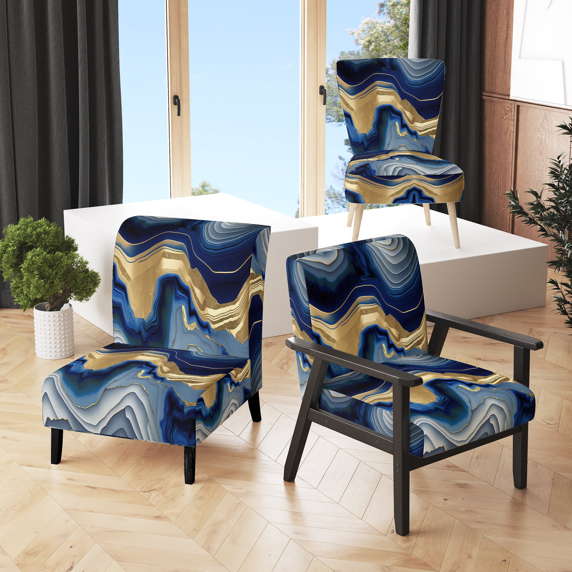 Designart "Modern Fluid Gold And Blue I" Upholstered Modern ...
