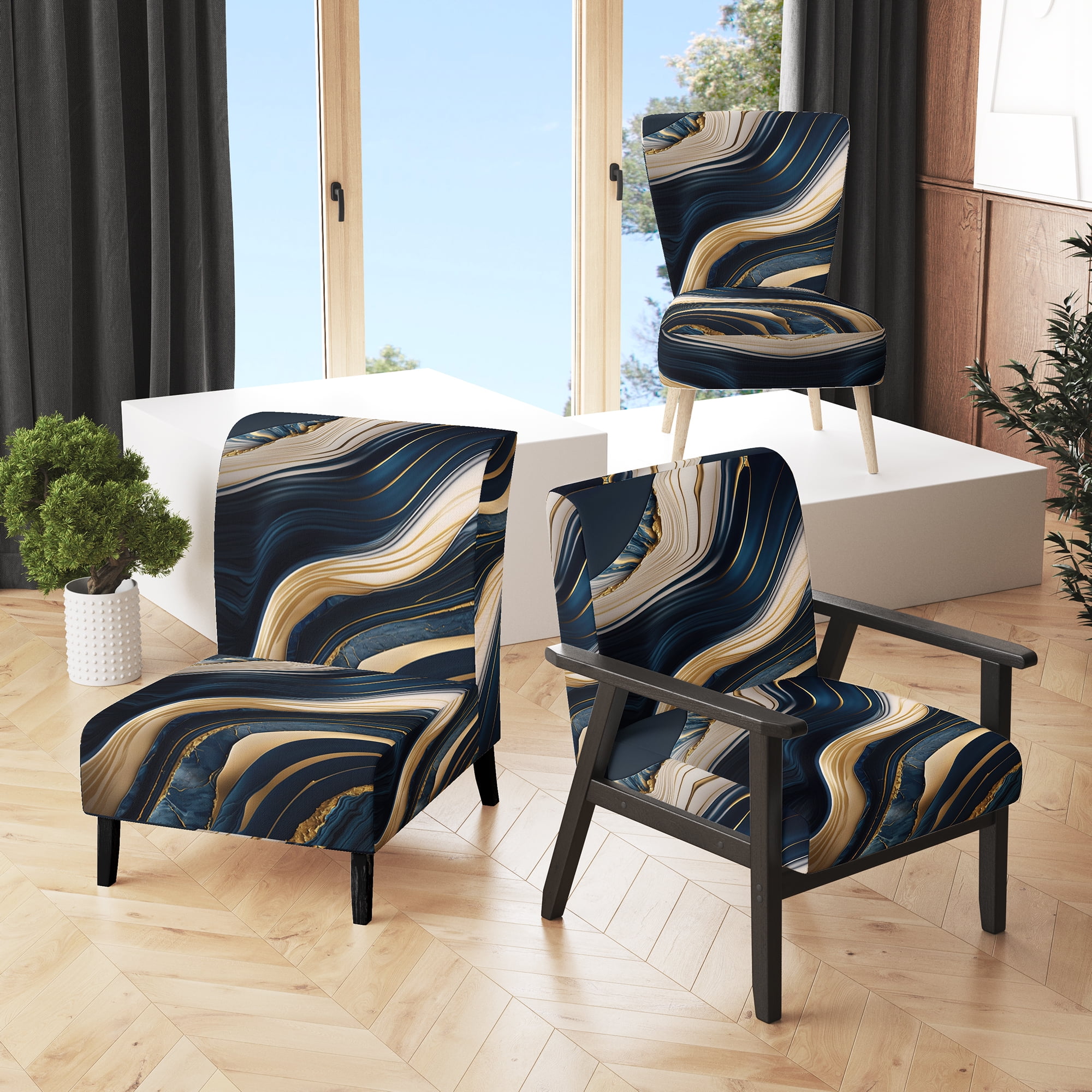Designart "Modern Fluid Gold And Blue I" Upholstered Modern ...