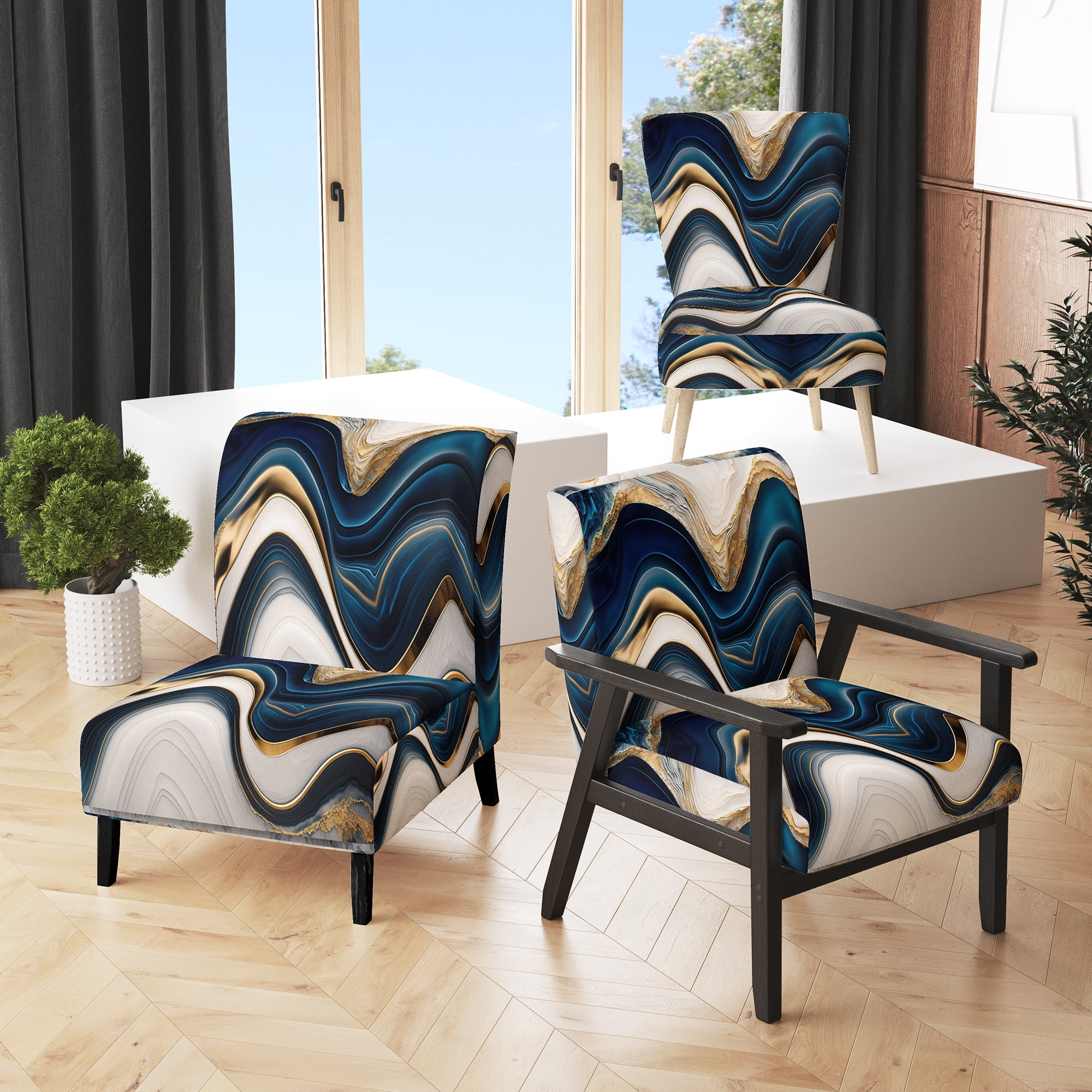 Designart "Modern Fluid Gold And Blue I" Upholstered Modern ...