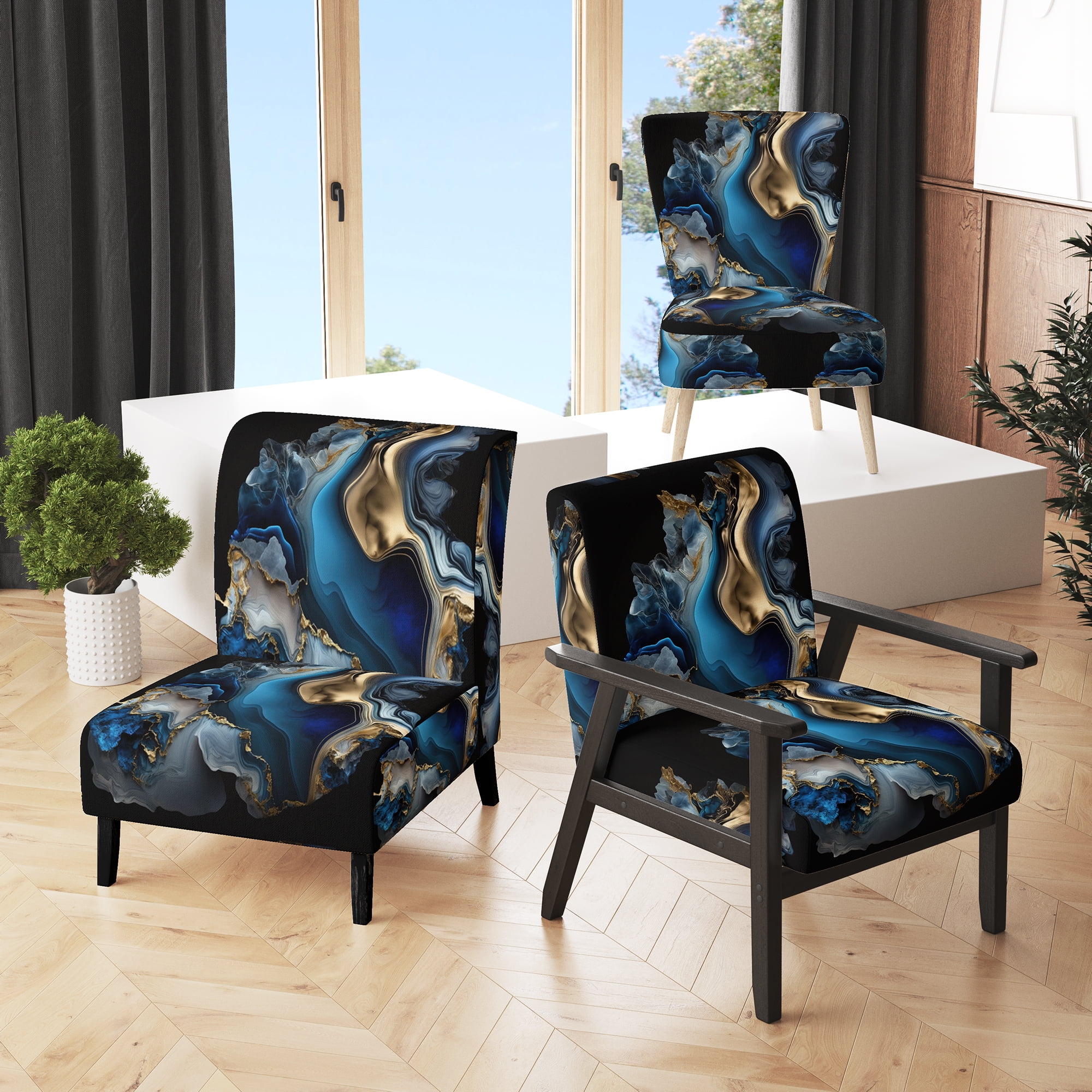 Designart "Modern Fluid Gold And Blue I" Upholstered Modern ...