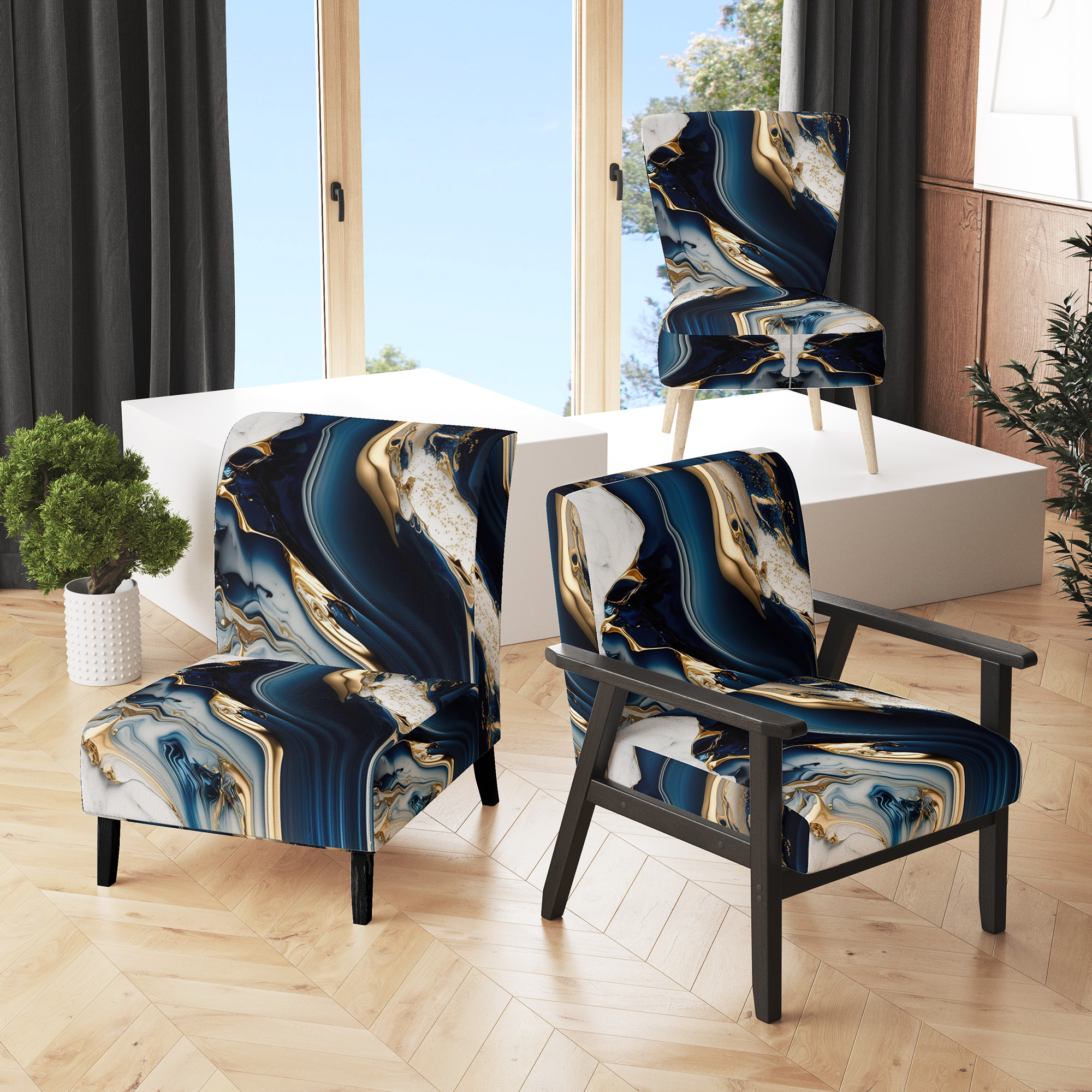 Designart "Modern Fluid Gold And Blue Ii" Upholstered Modern ...