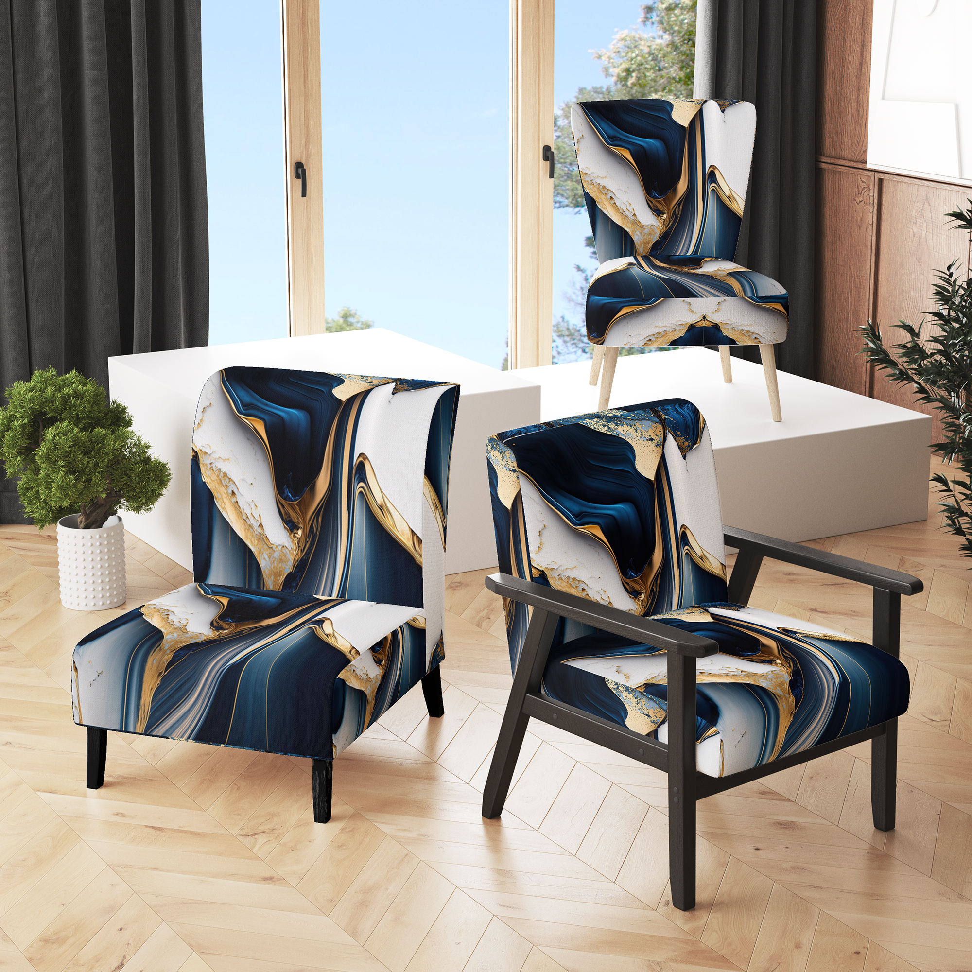 Designart "Modern Fluid Gold And Blue Ii" Upholstered Modern ...