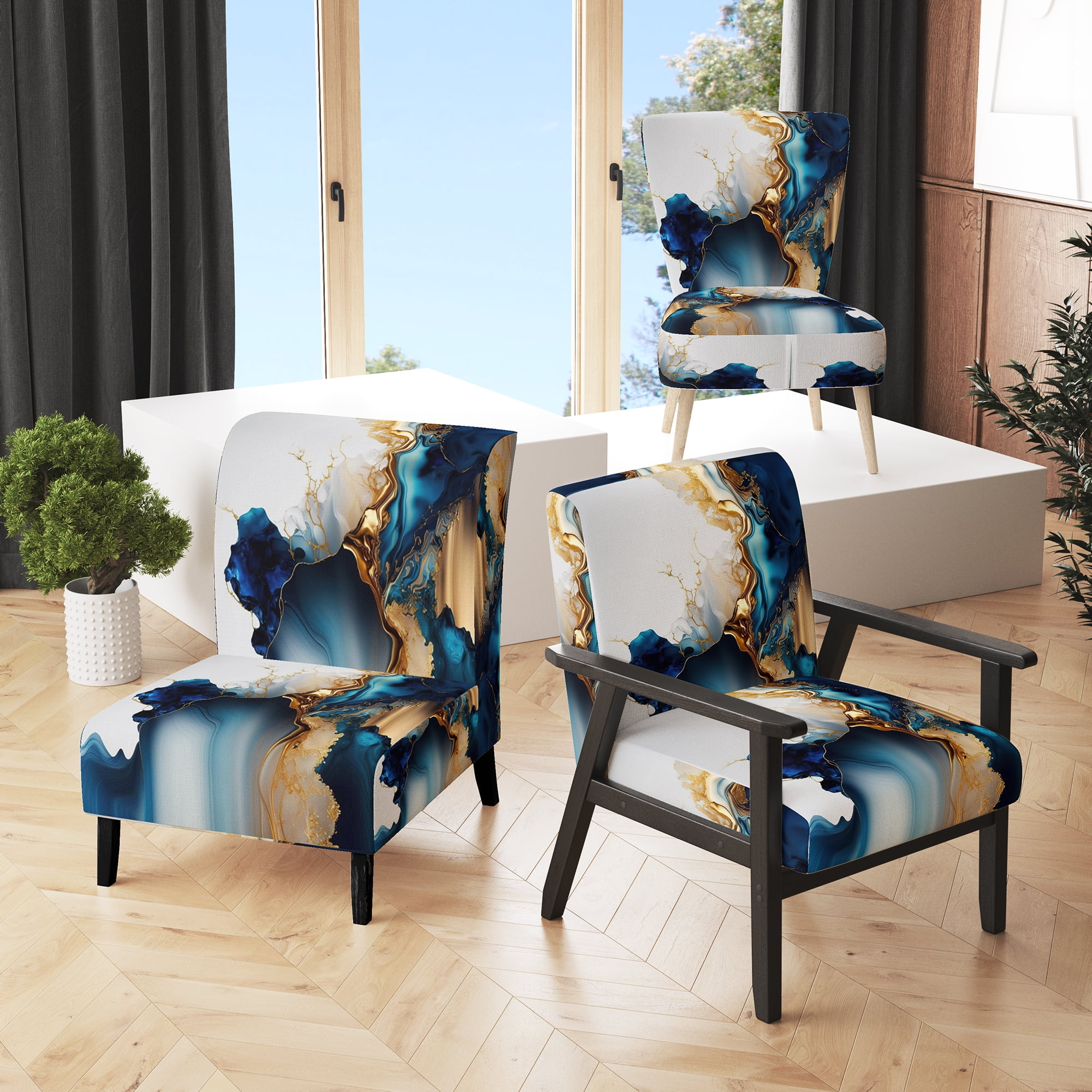 Designart "Modern Fluid Gold And Blue Ii" Upholstered Modern ...