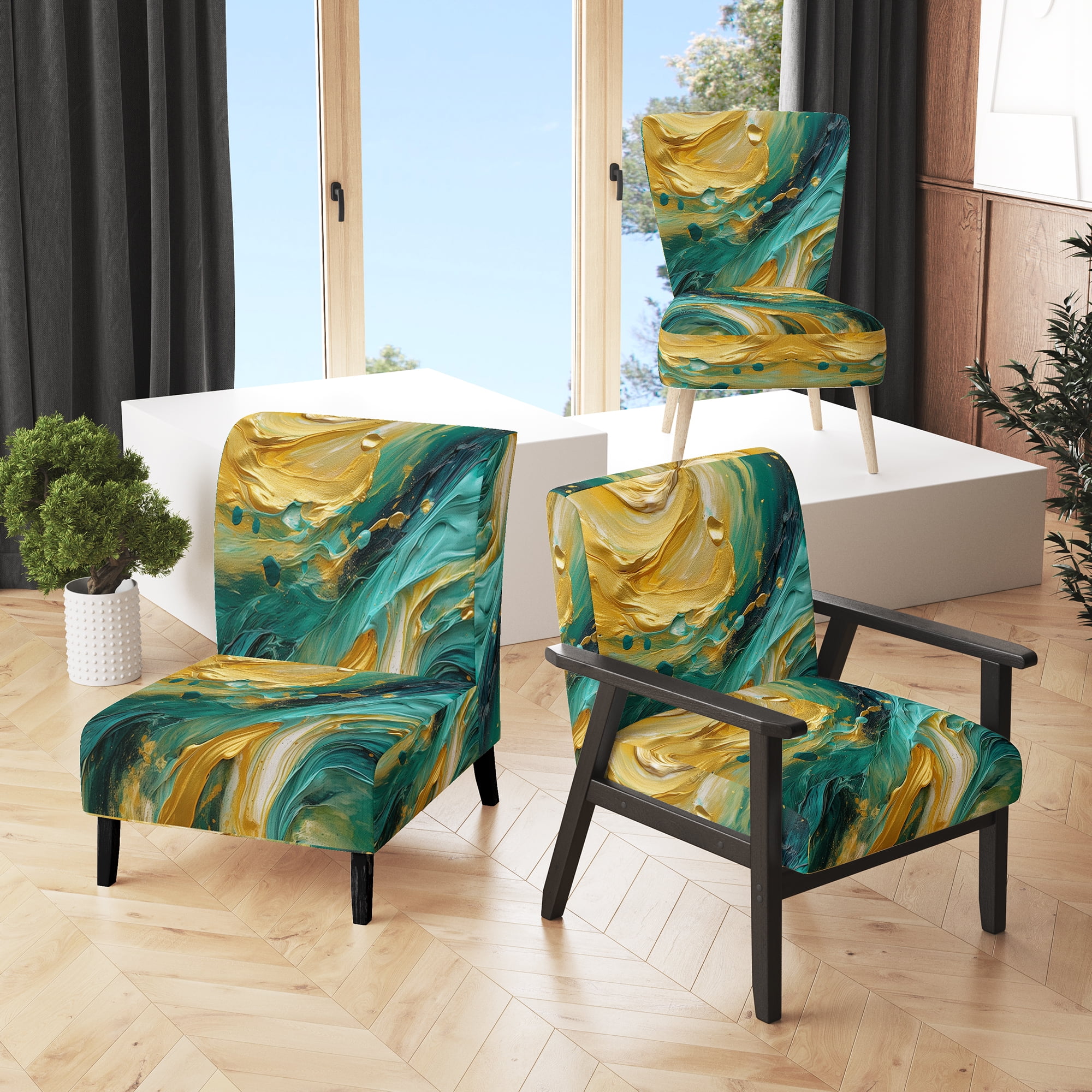 Designart "Modern Fluid Gold And Green Ii" Upholstered Modern ...