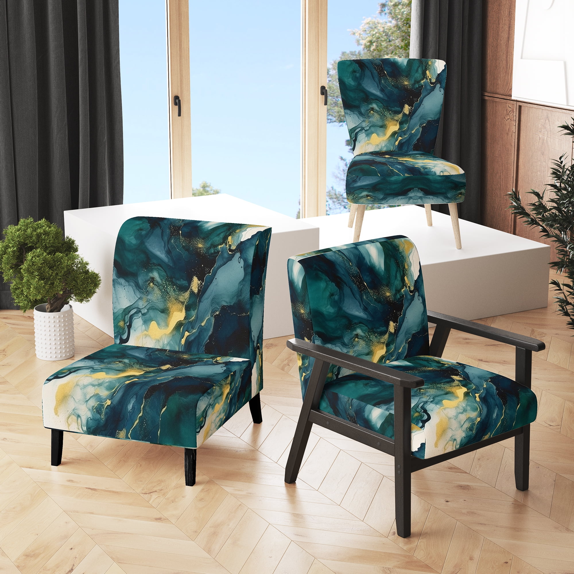 Designart "Modern Fluid Gold And Green Ii" Upholstered Modern ...