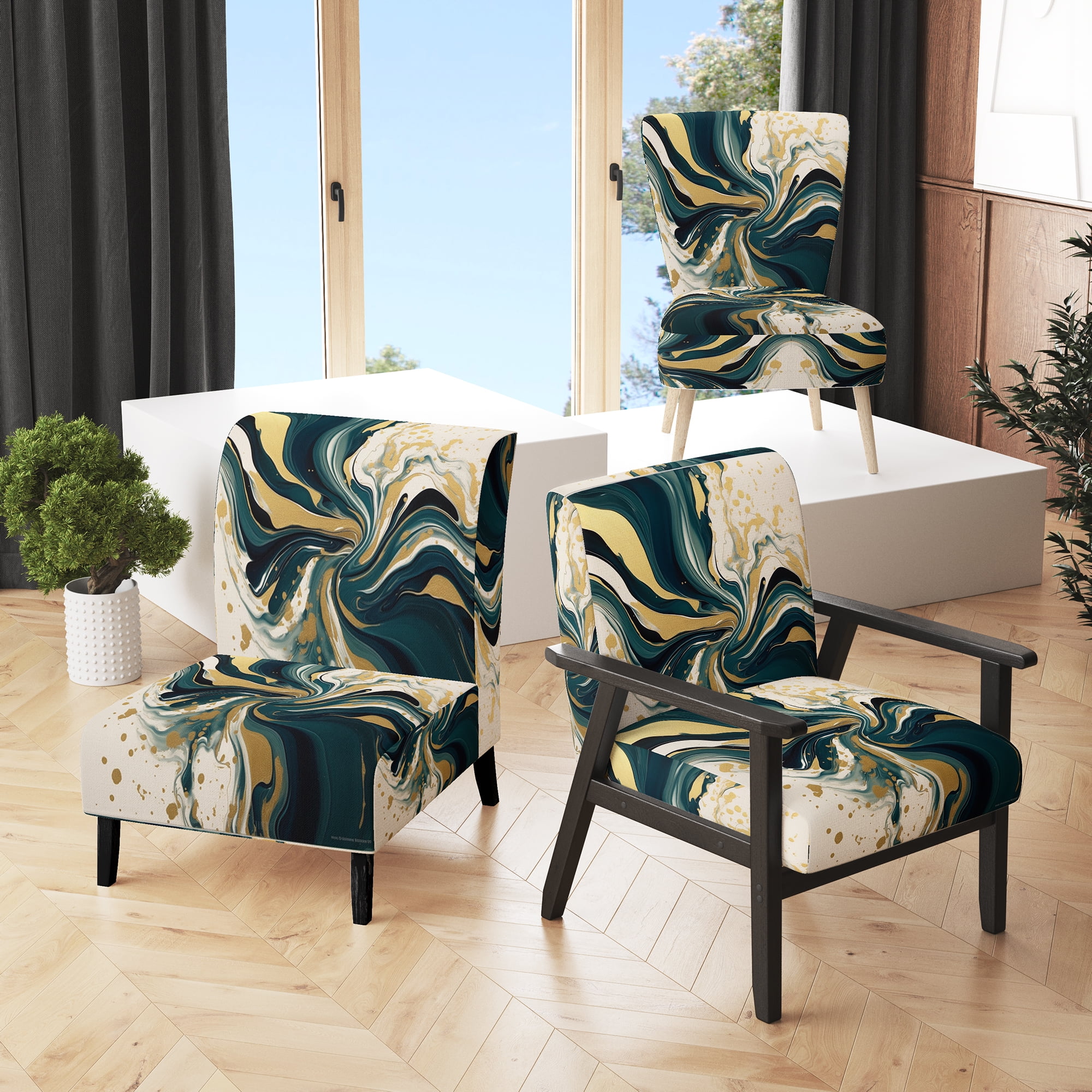 Designart "Modern Fluid Gold And Green Ii" Upholstered Modern ...