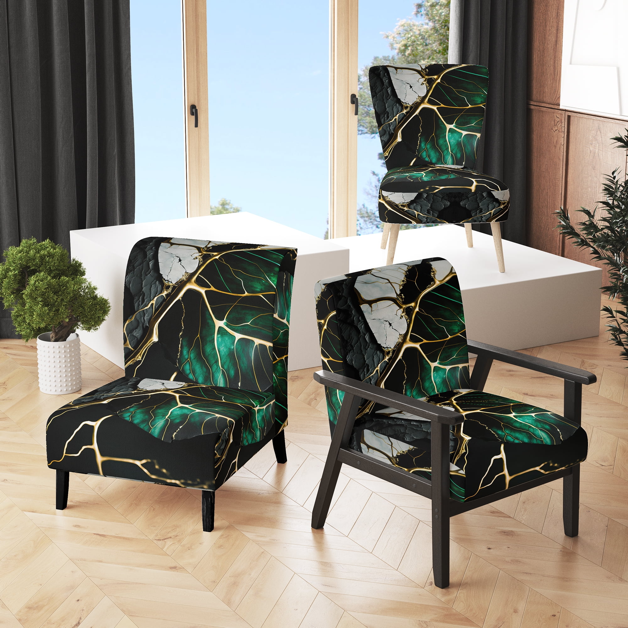Designart "Modern Fluid Gold And Green Ii" Upholstered Modern ...
