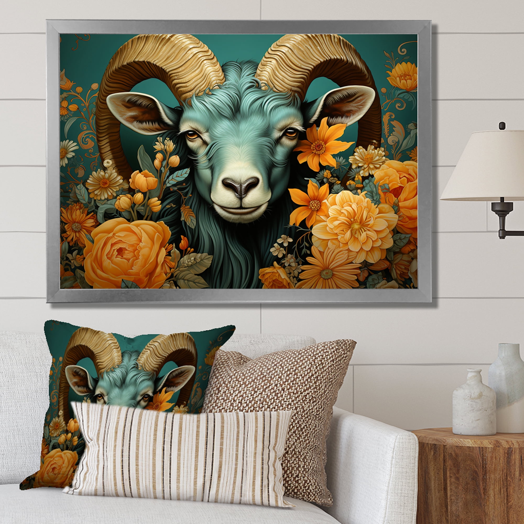 Designart "Modern Portrait of Goat in Blue and Orange" Animals Framed ...